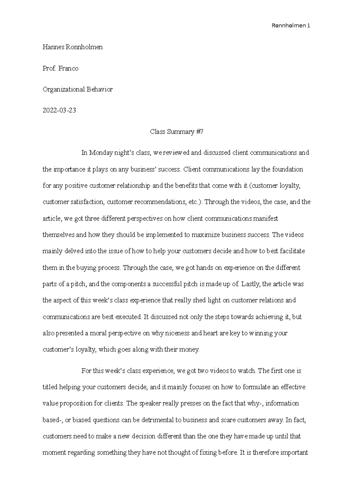 Class Summary #7 - Ronnholmen 1 Hannes Ronnholmen Prof. Franco ...