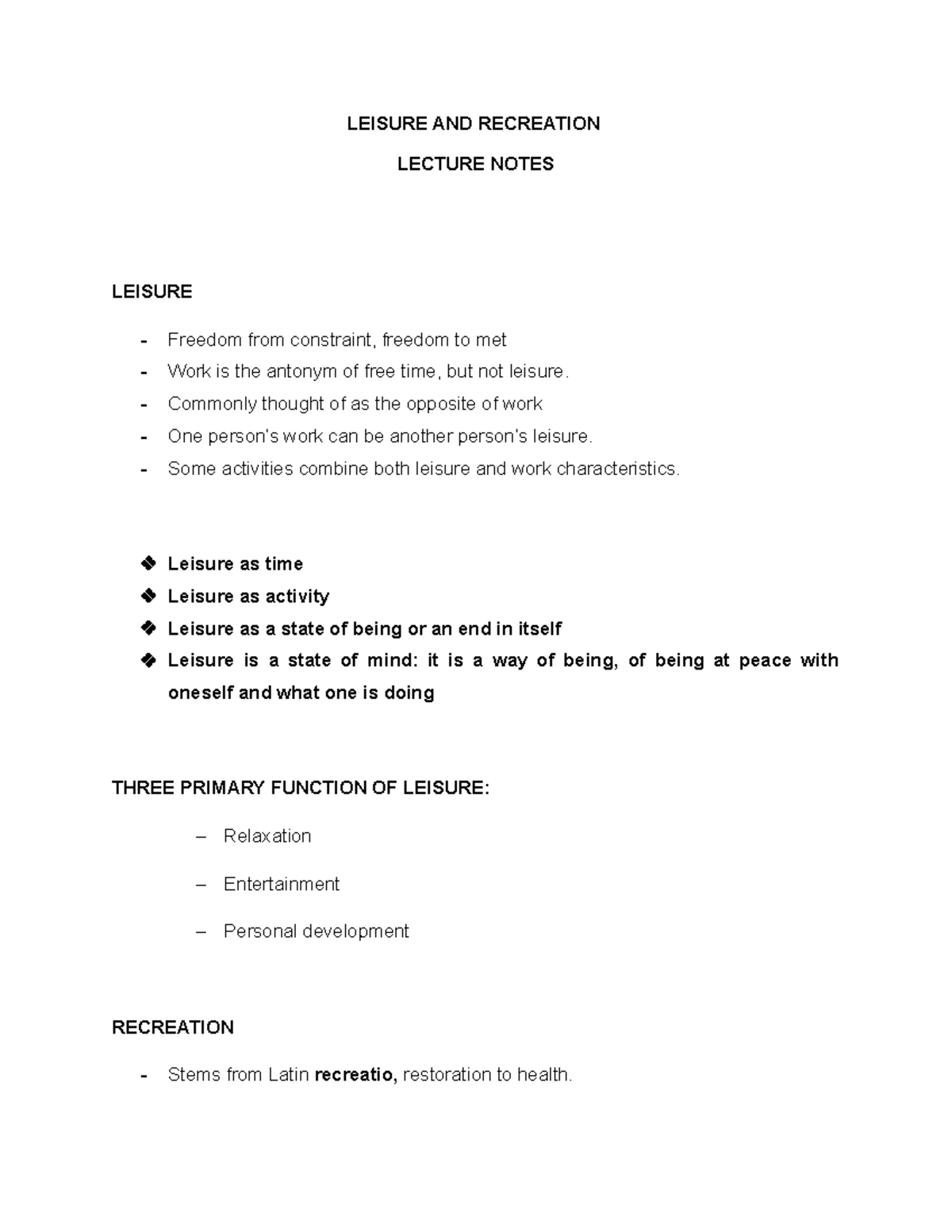 Leisure and Recreation Lecture Notes - LEISURE AND RECREATION LECTURE ...