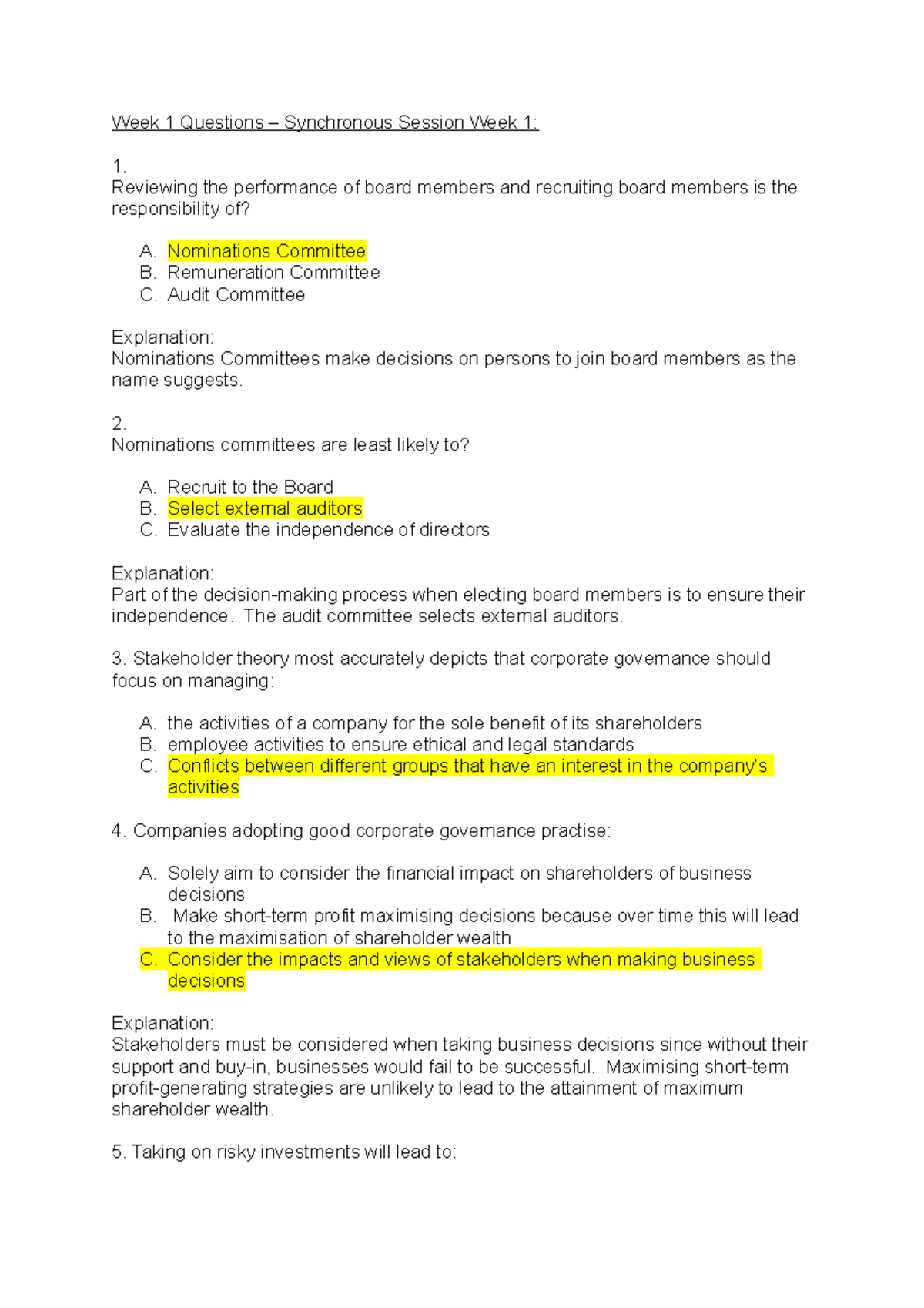 Week 1 Questions and Answers - Week 1 Questions – Synchronous Session Week 1: Reviewing the ...