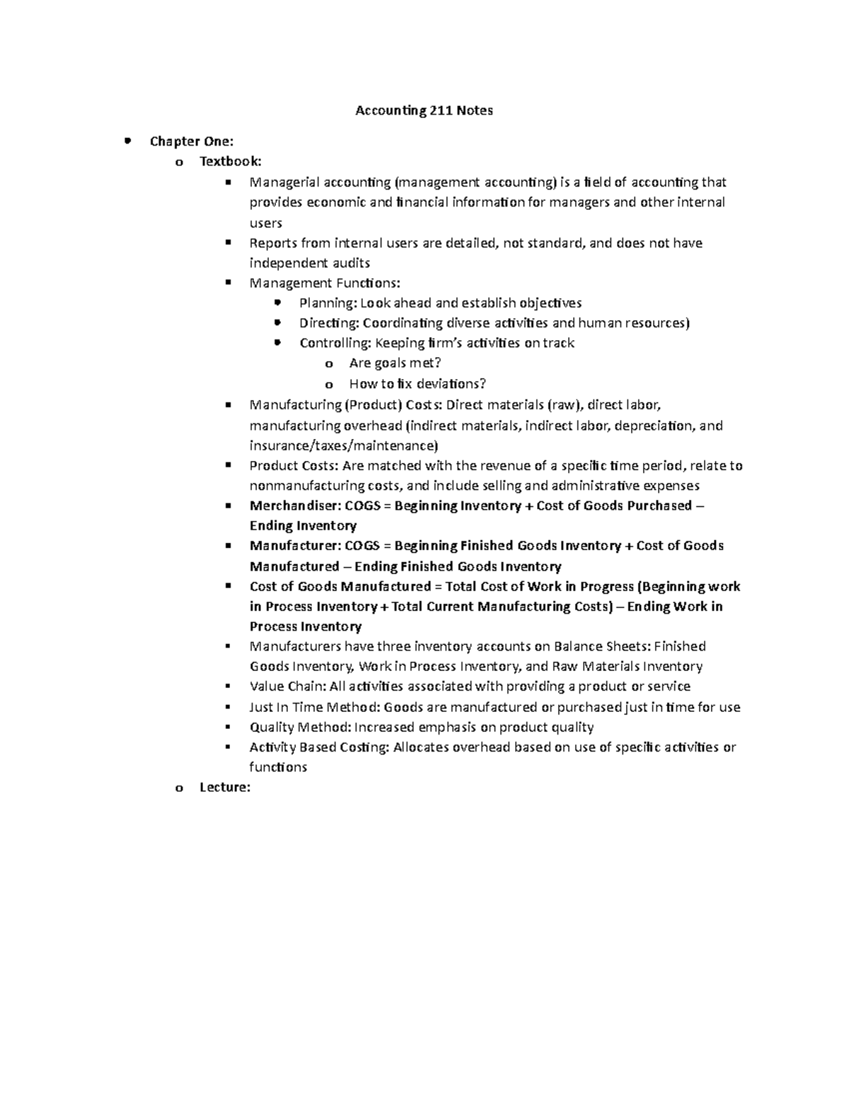 Accounting Notes - Accounting 211 Notes Chapter One: o Textbook ...