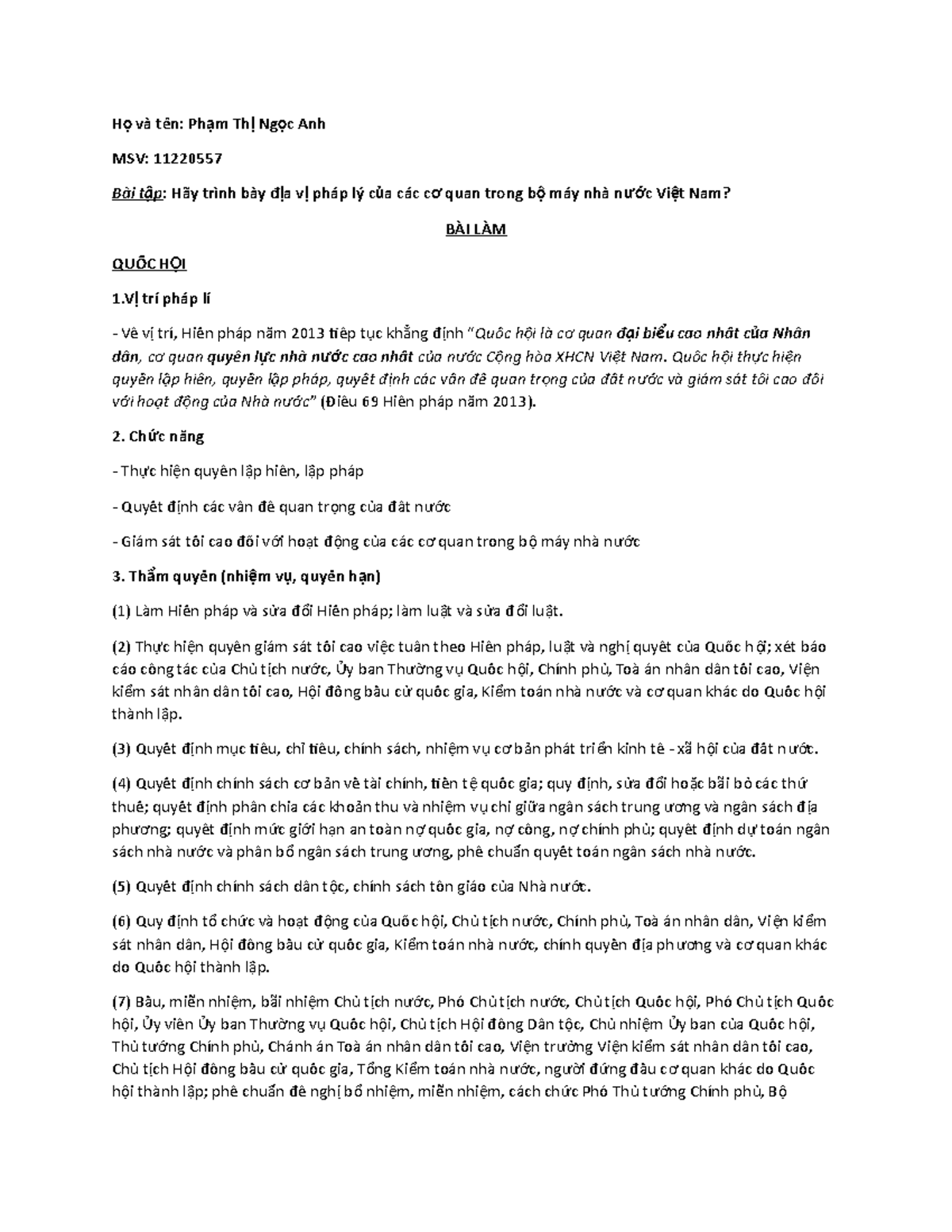 bài tập pháp luật đại cương - H ọ và tên: Ph m Th Ng c Anhạ ị ọ MSV: 11220557 Bài t pậ : Hãy ...