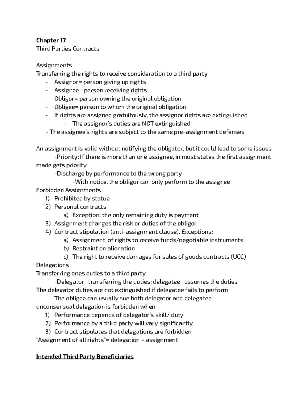 Chapter 17 Notes - Chapter 17 Third Parties Contracts Assignments ...