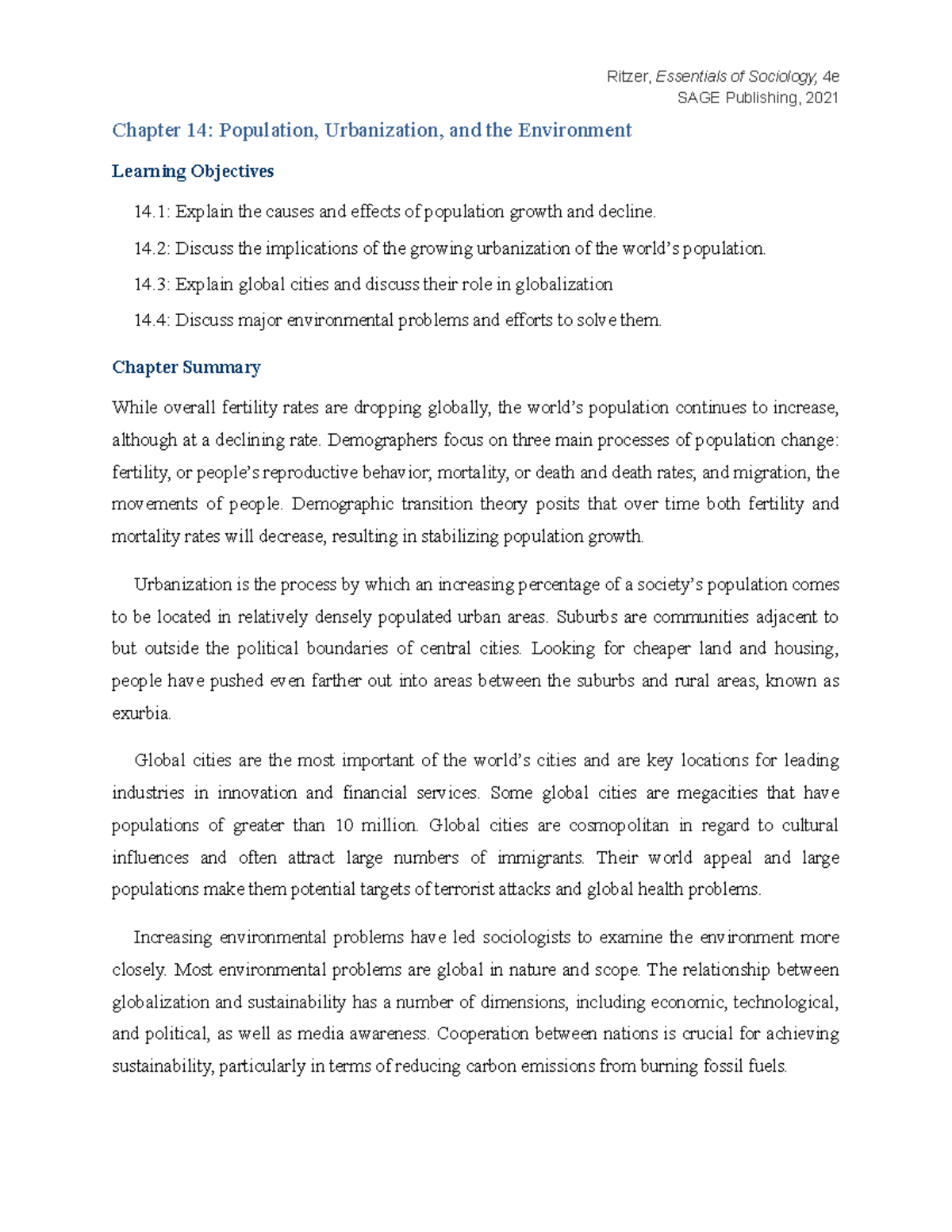 Chapter 14 Population, Urbanization, and the Environment - SAGE ...