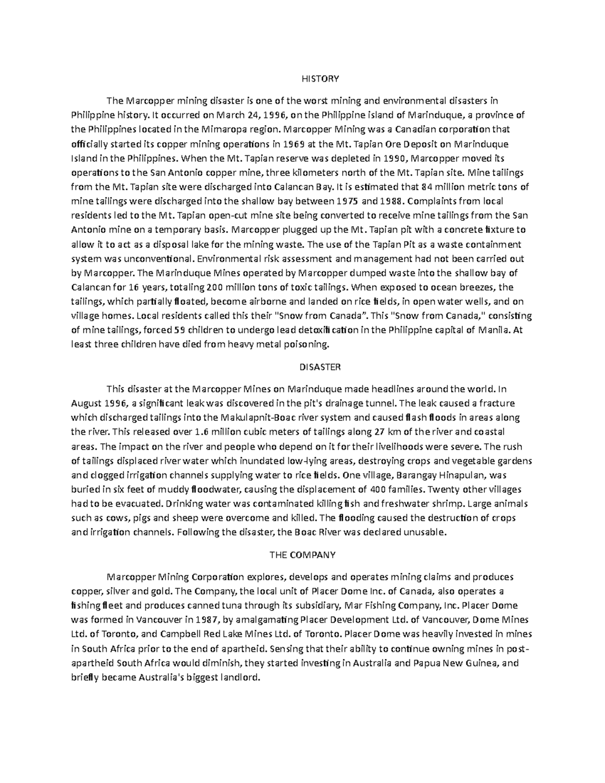 Marcopper CASE - HISTORY The Marcopper mining disaster is one of the ...