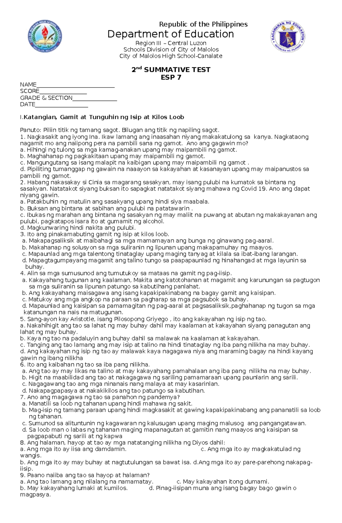 2ND Periodic ESP 7 2023 - EXAM - Republic of the Philippines Department ...