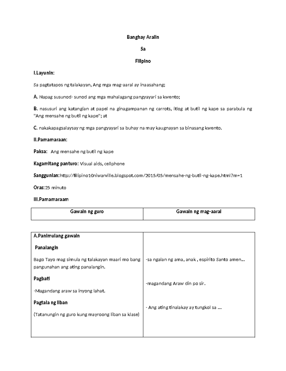 Banghay-aralin- Banghay Aralin Sa Filipino I: Sa pagtatapos ng ...