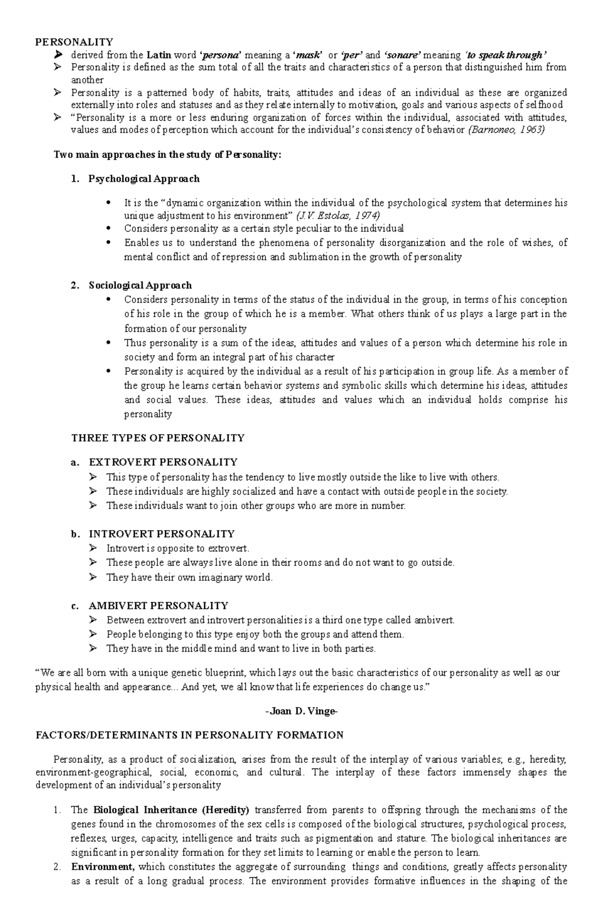 Handout- Personality - useful - PERSONALITY derived from the Latin word ...