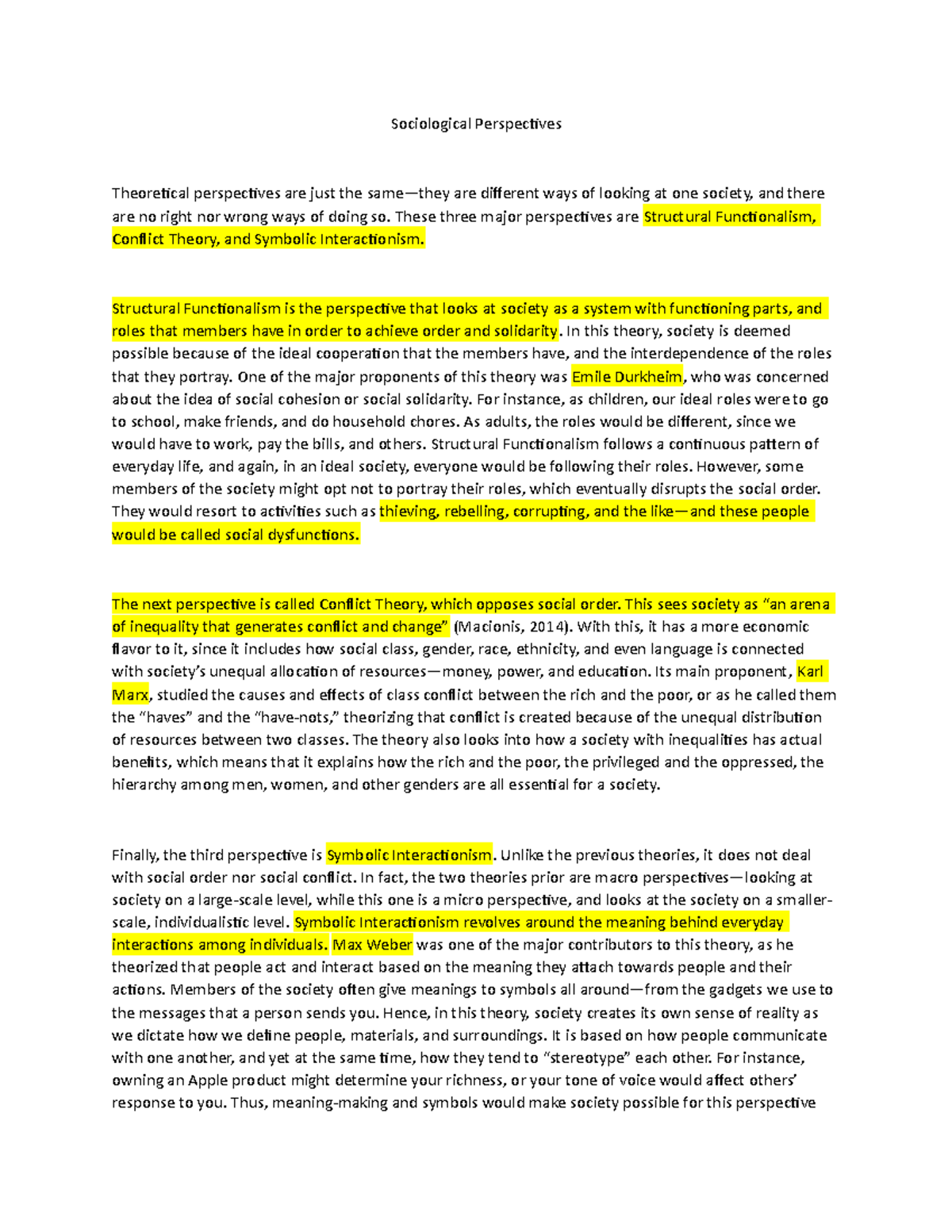 Sociological Perspectives (Functionalism, Conflict, Interactionism ...