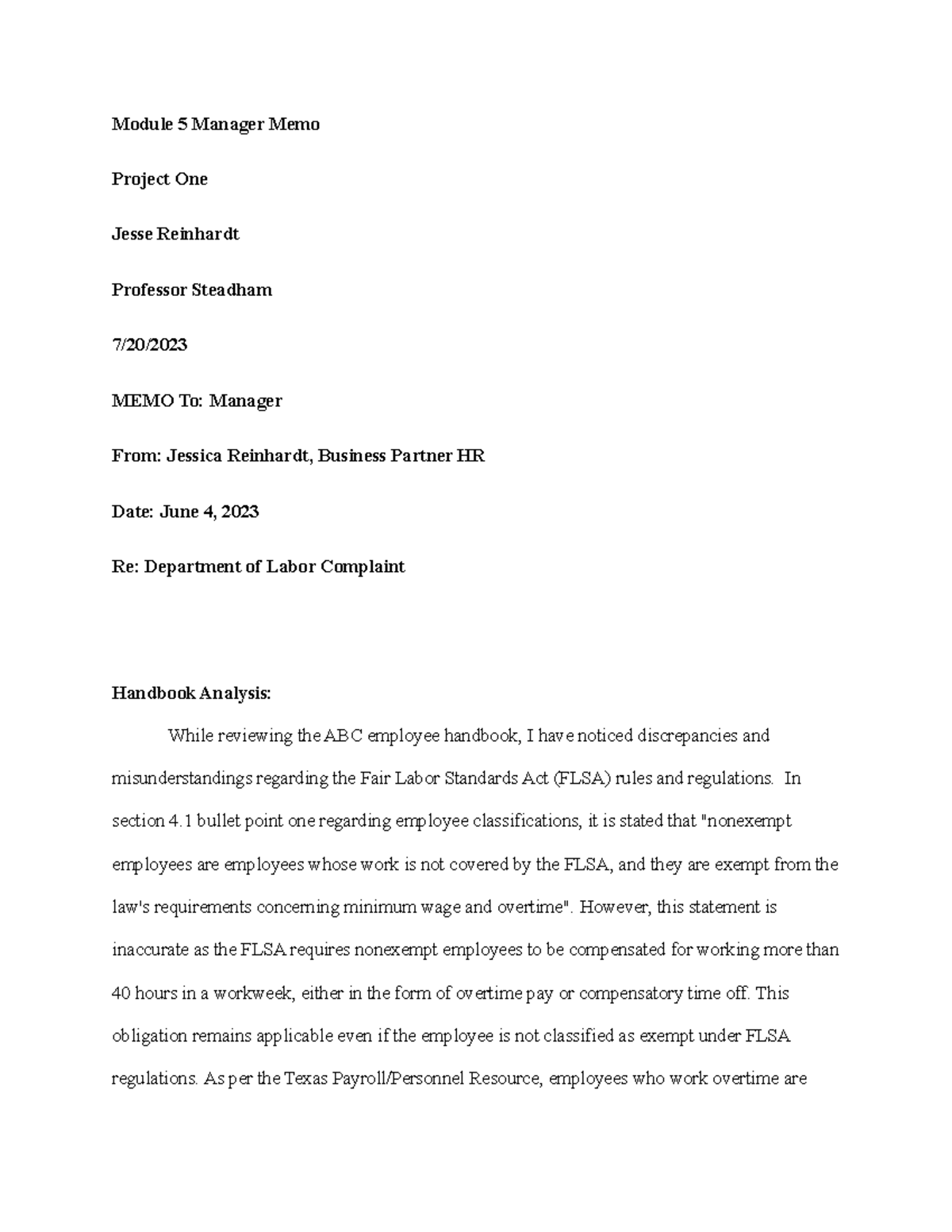 Module 5 Manager Memo - Module 5 Manager Memo Project One Jesse ...