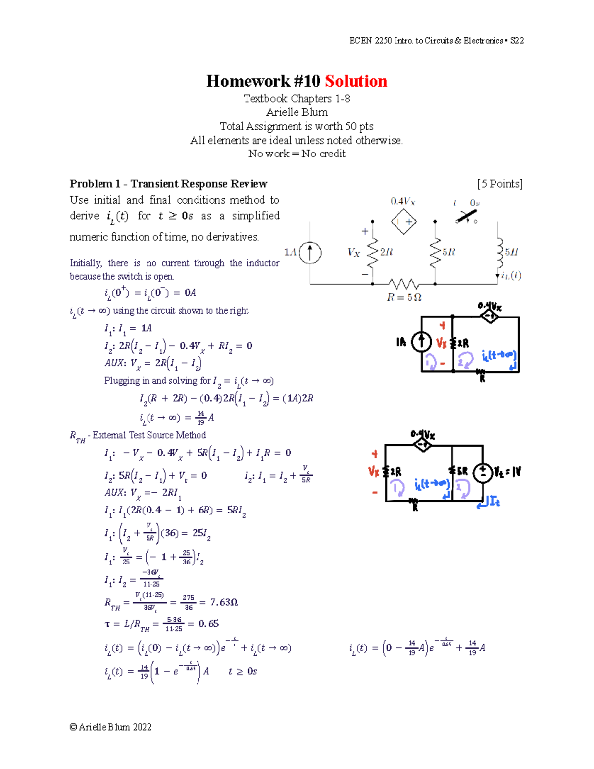 HW10 Solution ECEN 2250 S22 - Homework #10 Solution Textbook Chapters 1- Arielle Blum Total ...