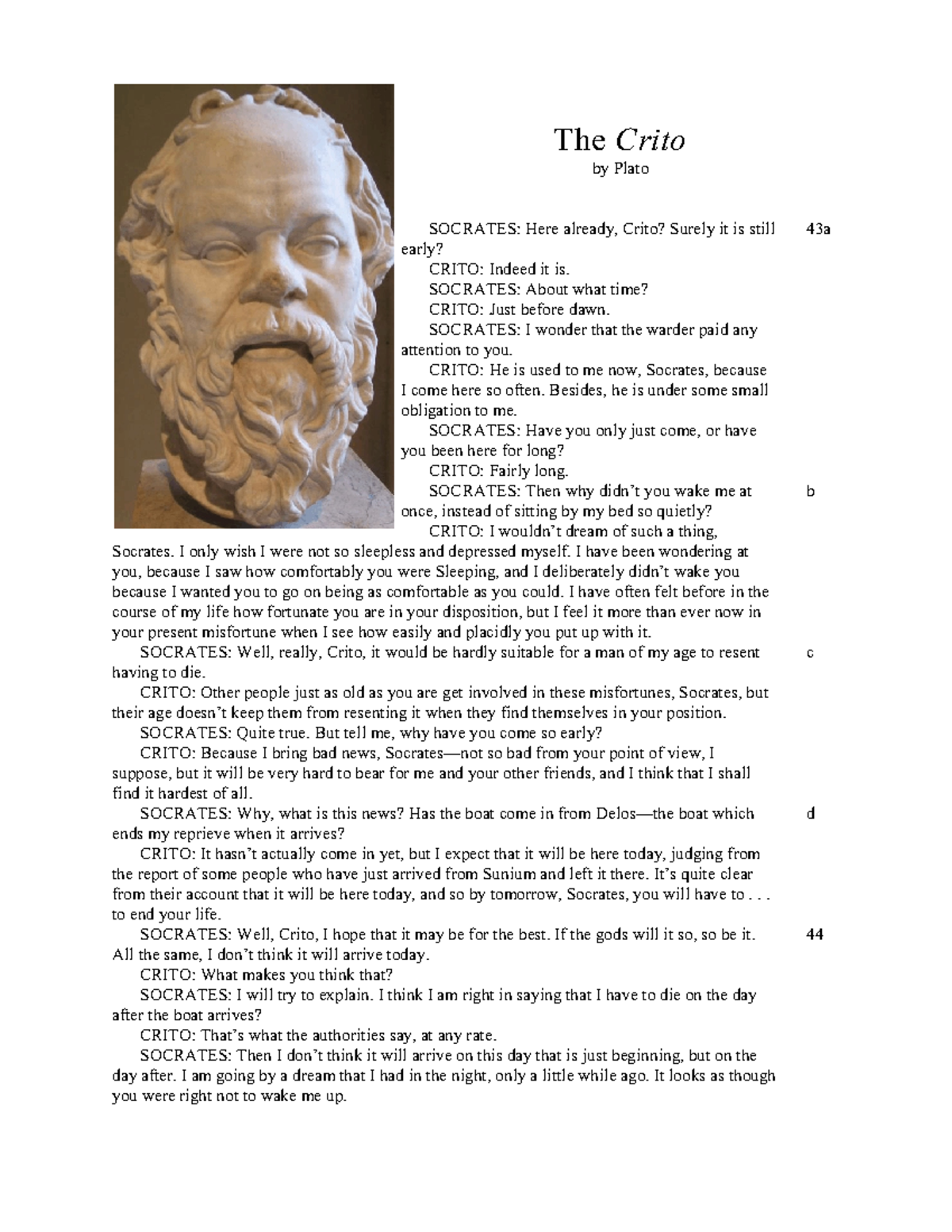 Platos Crito - Lecture notes 2 - The Crito by Plato SOCRATES: Here ...