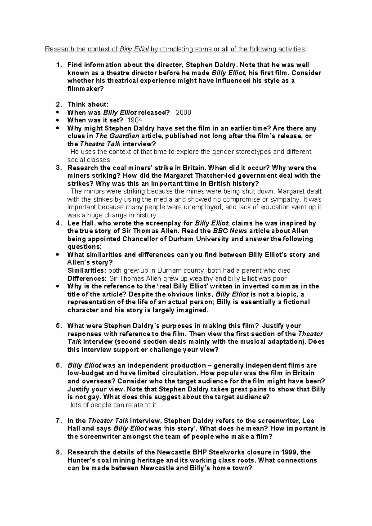 Billiot elliot context questions - Research the context of Billy Elliot ...