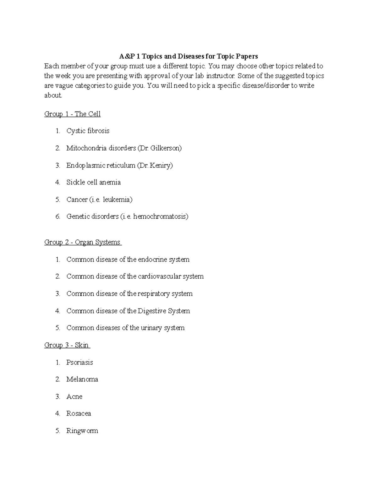 A&P 1 Topic Suggestions - A&P 1 Topics and Diseases for Topic Papers ...