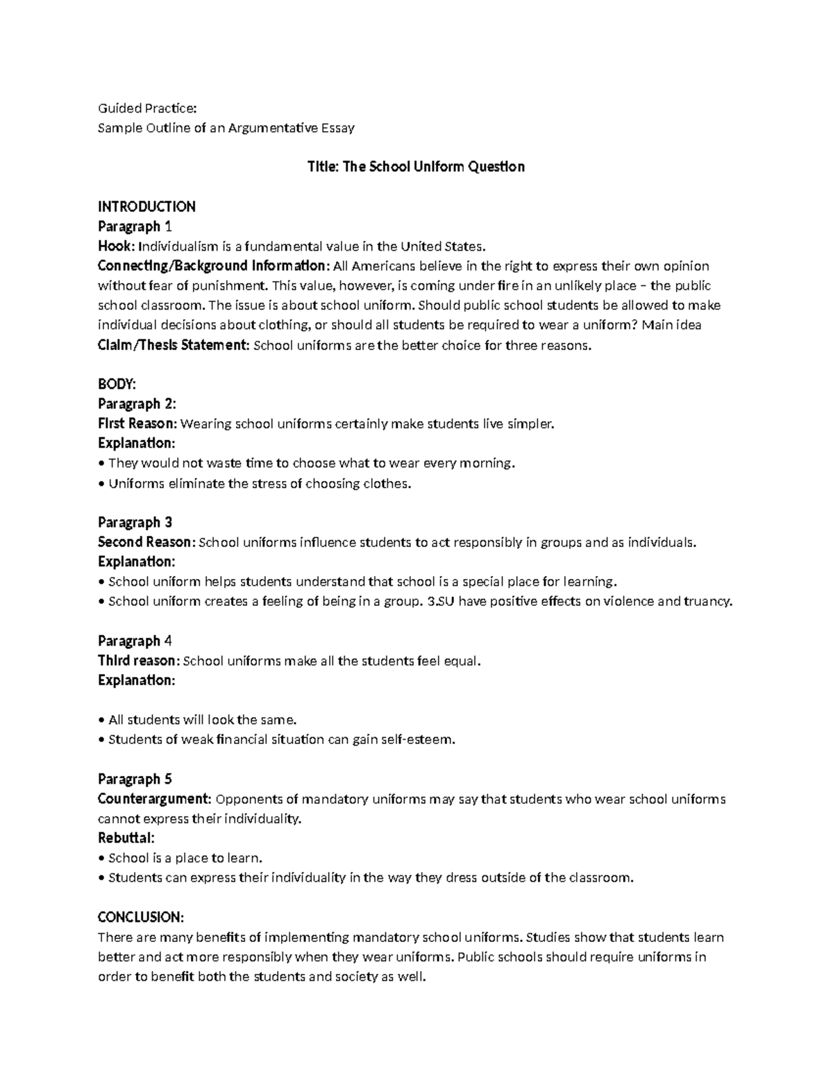 Sample outline for argumentative essay - Guided Practice: Sample ...