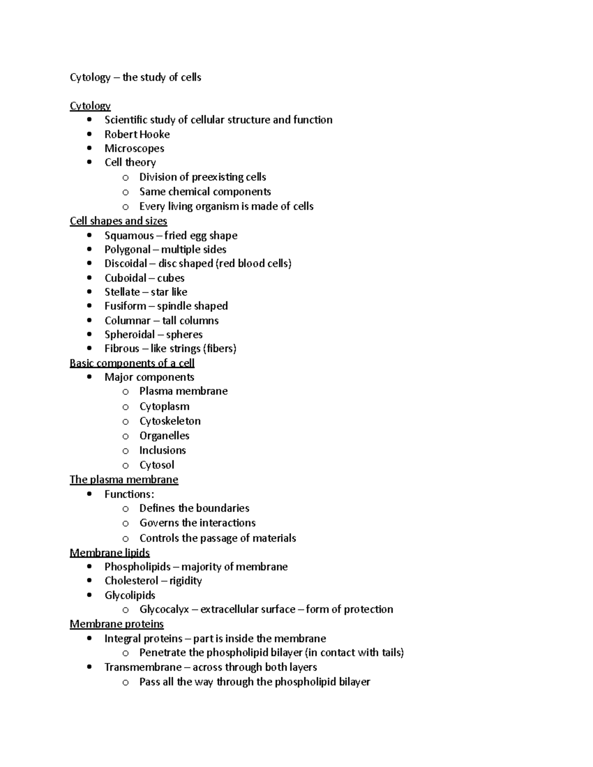 Anatomy ch 2 typed notes - Cytology – the study of cells Cytology ...