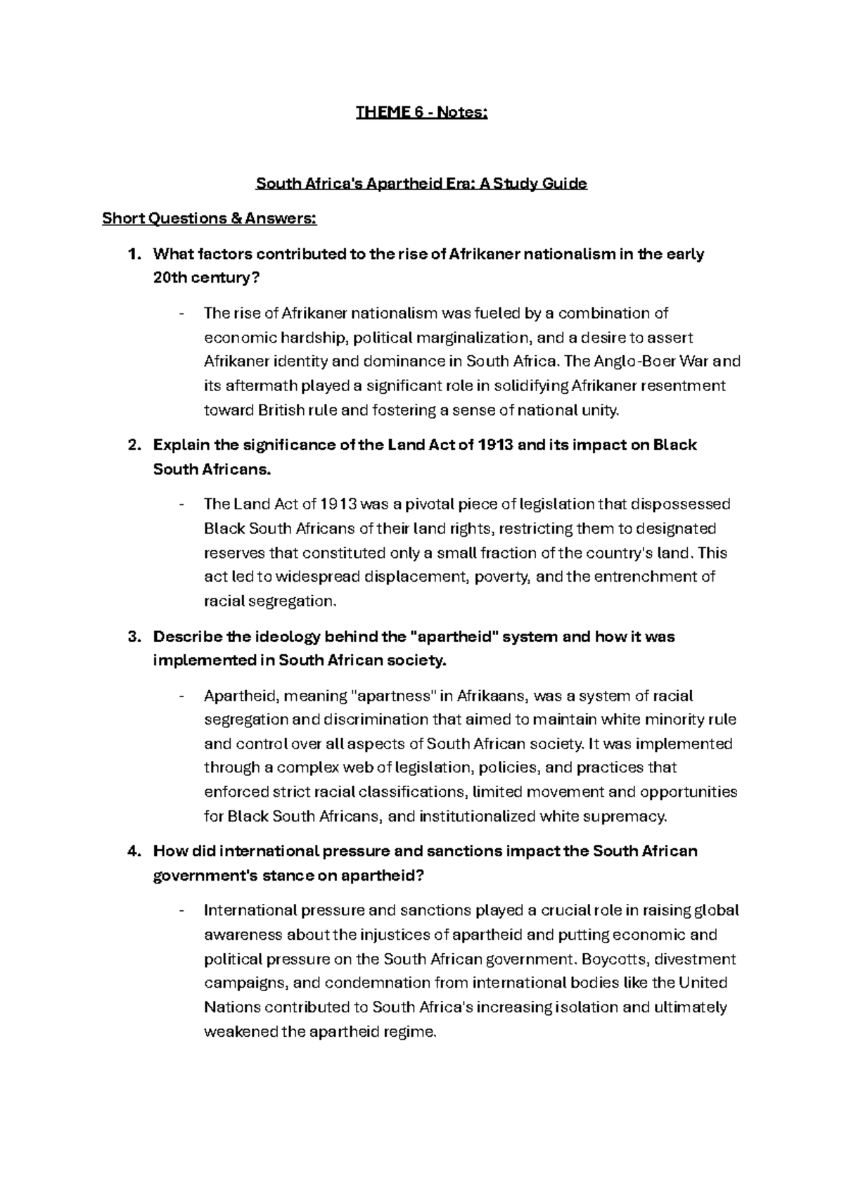 Theme 6 Notes - THEME 6 - Notes: South Africa's Apartheid Era: A Study ...