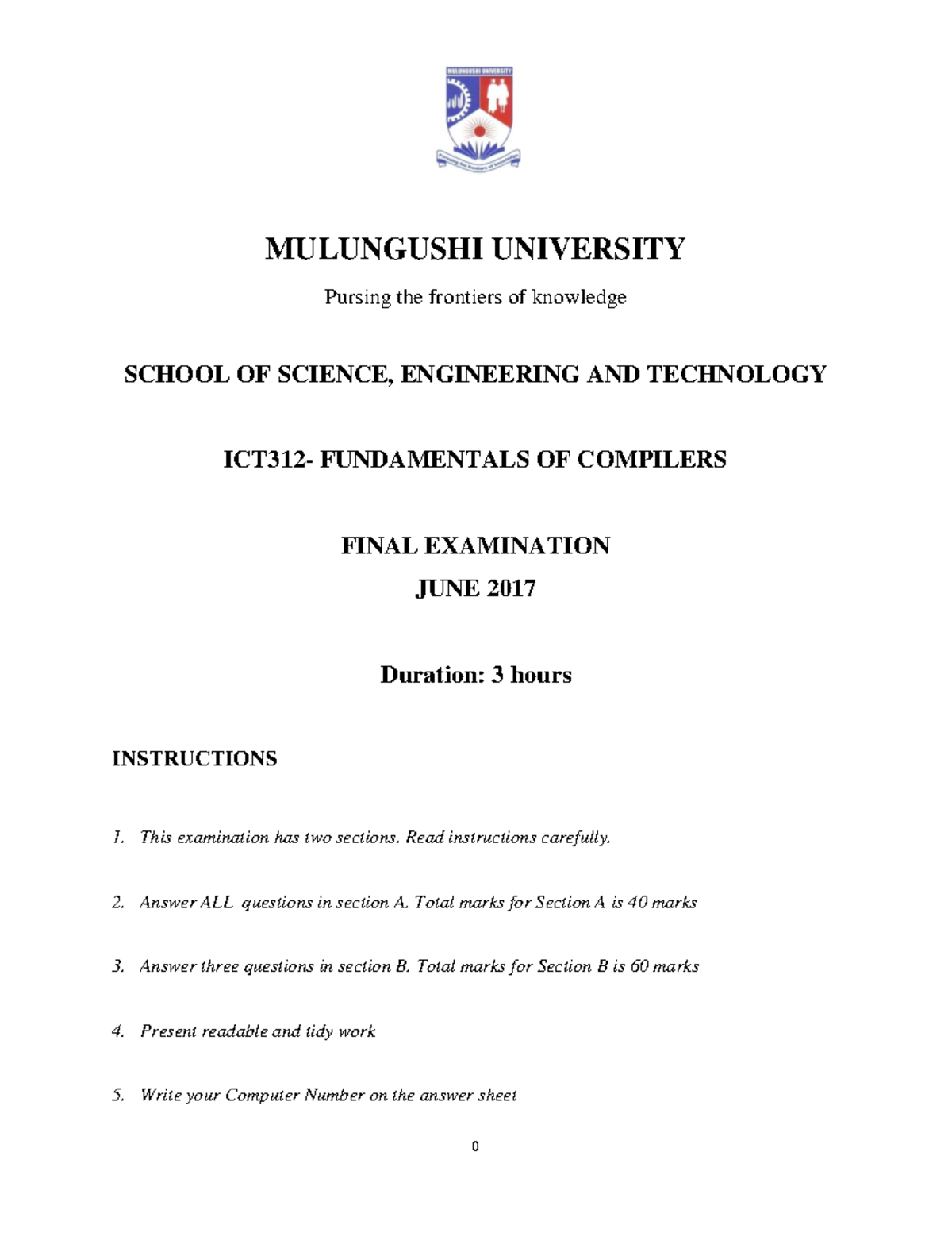 Exam June 2017 - MULUNGUSHI UNIVERSITY Pursing the frontiers of ...