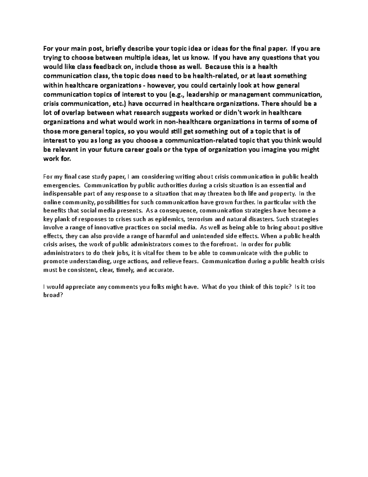 MBA 546 Week 4 Final Paper Topic Ideas For Your Main Post Briefly