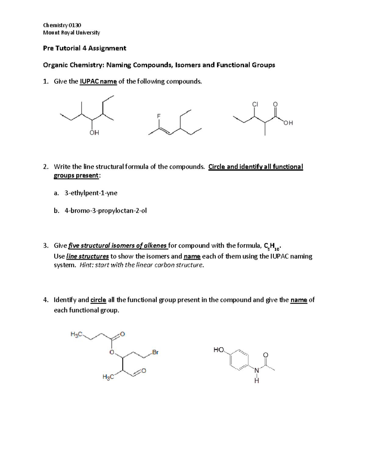Pre-Tutorial 4 Worksheet - Chemistry 0130Mount Royal University Pre ...