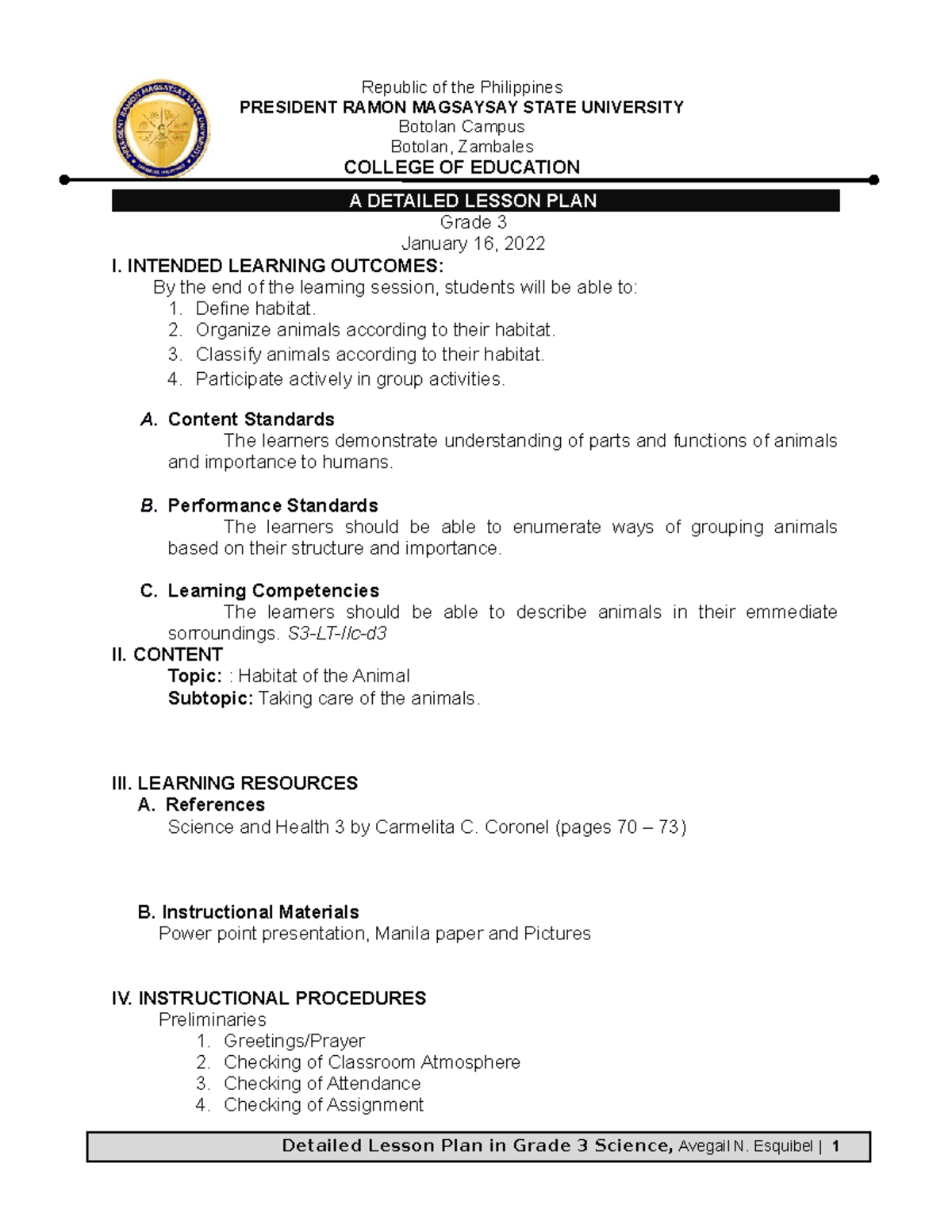 Esquibel, Avegail N. BEED 2- Detailed Lesson PLAN IN Science - Republic ...