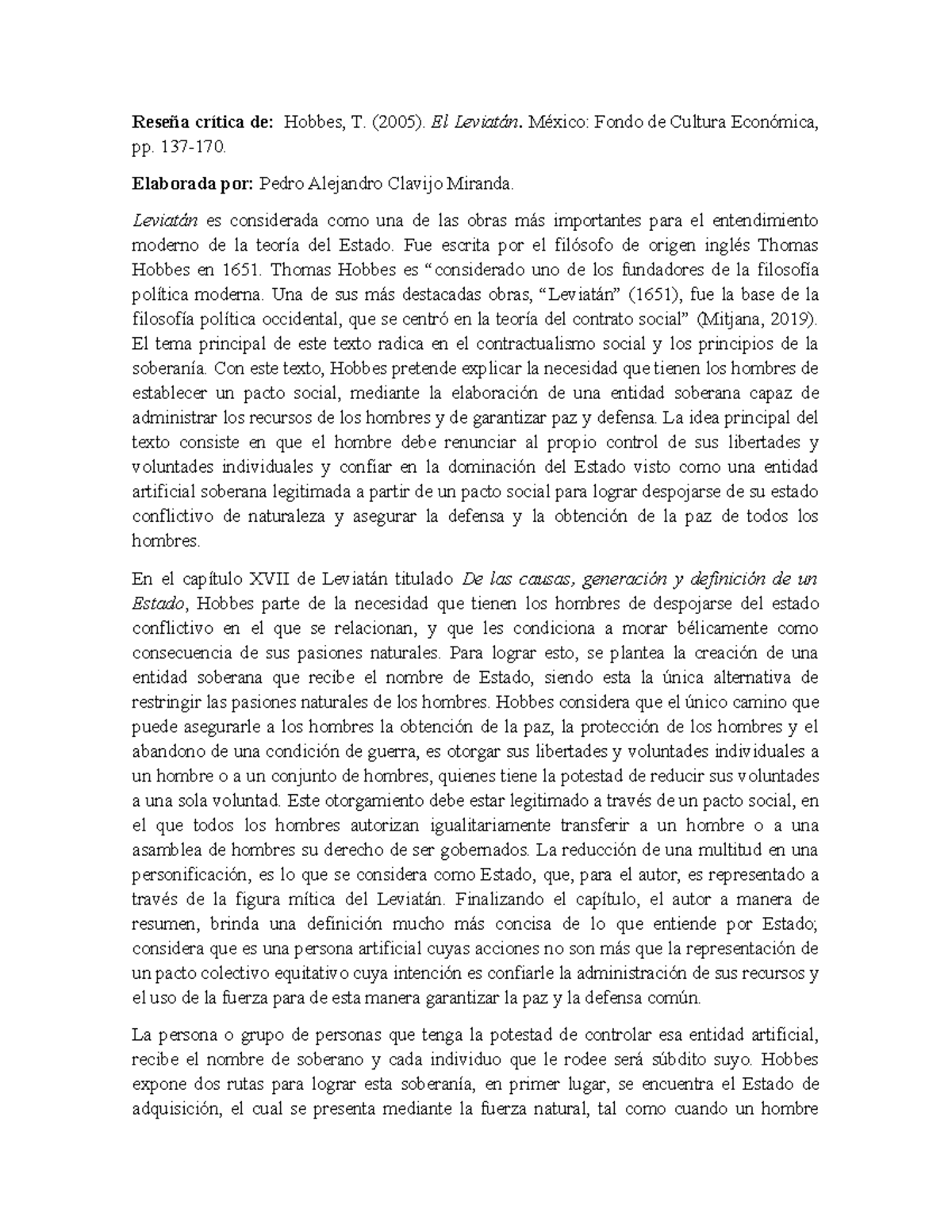 Reseña crítica Leviatán Pedro Alejandro - Reseña crítica de: Hobbes, T ...