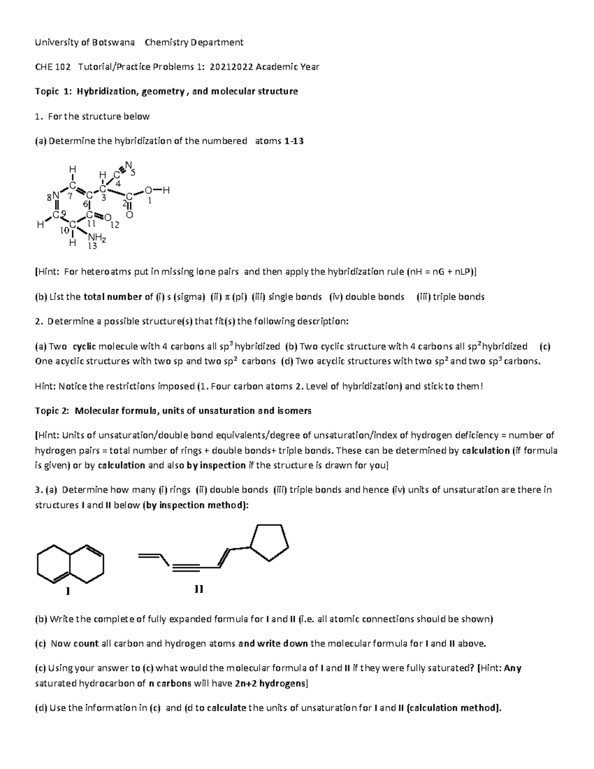 CHE 102 Practice problems-Tutorial - University of Botswana Chemistry Department CHE 102 - Studocu
