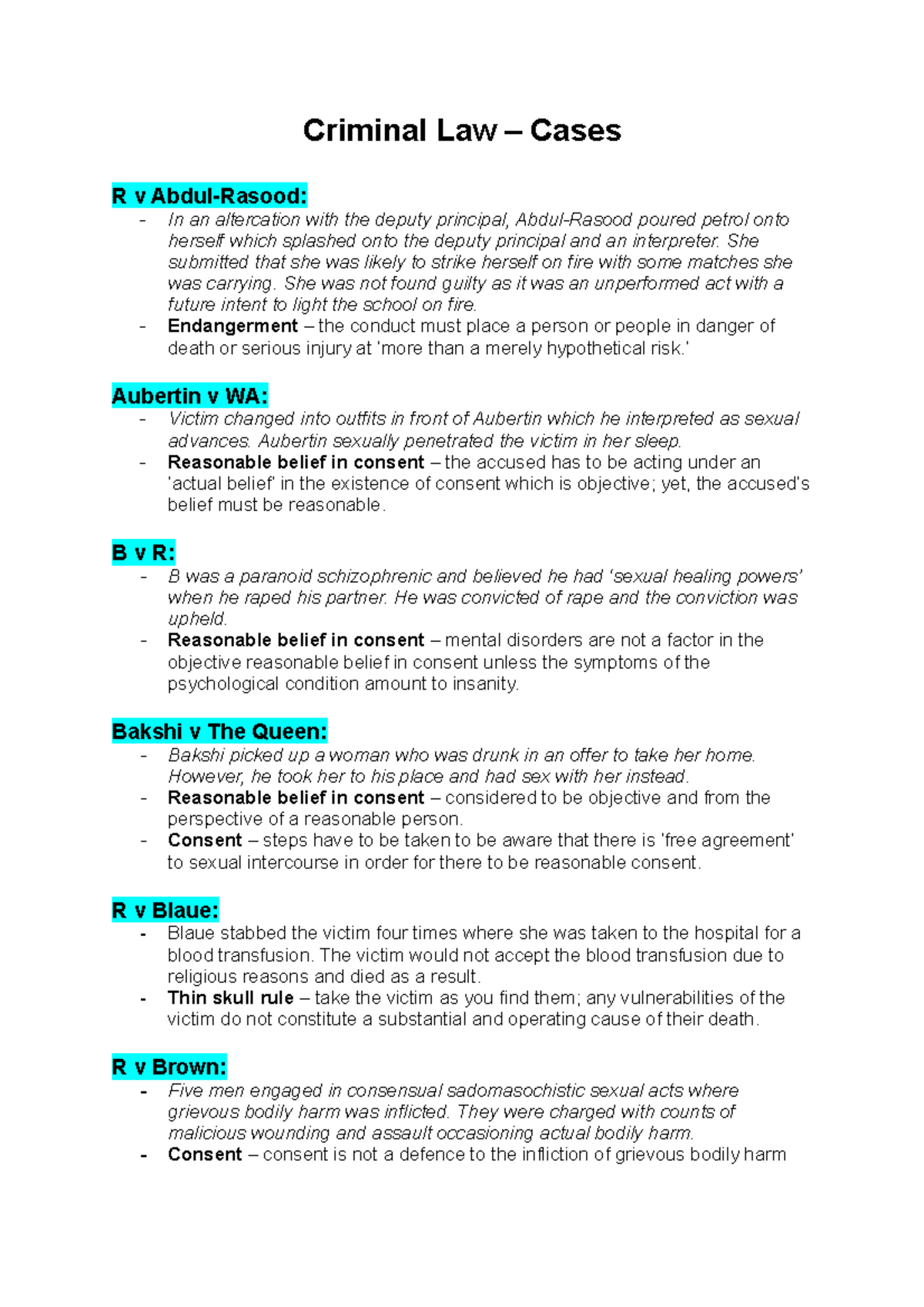 Criminal Law - Cases - Criminal Law – Cases R v Abdul-Rasood: In an ...