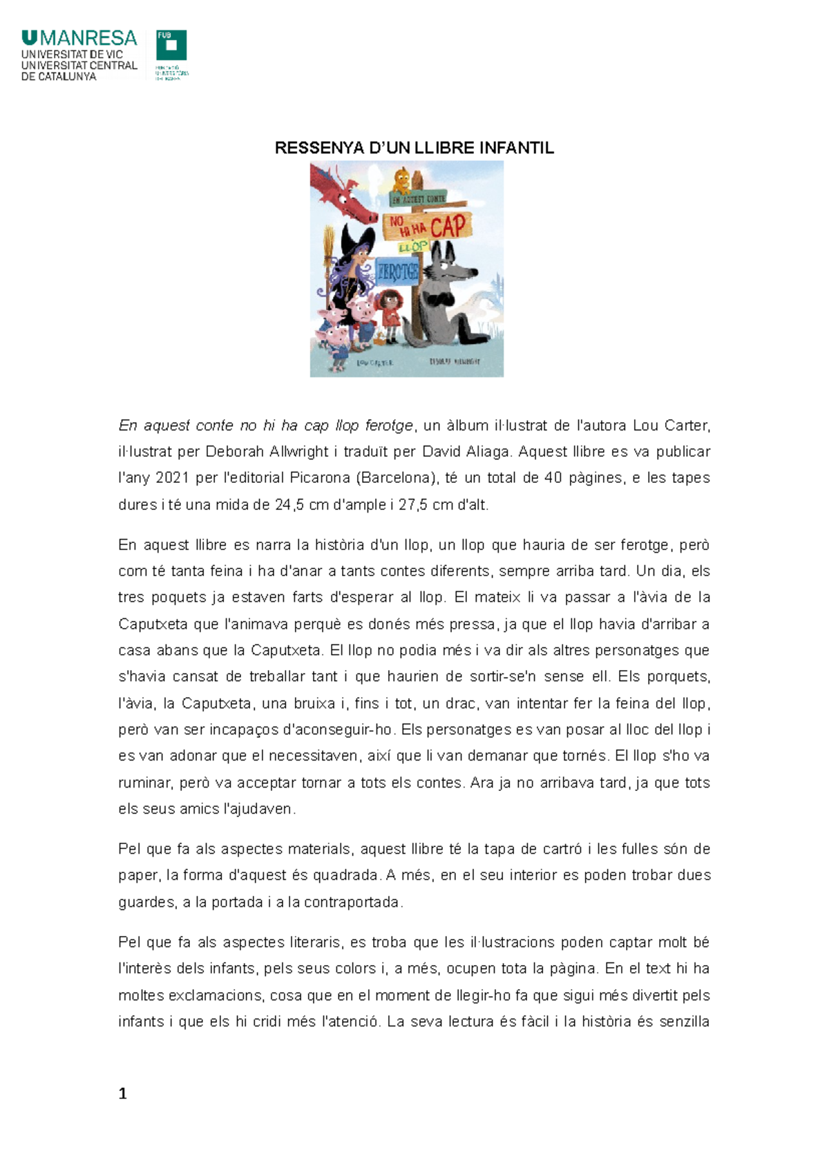 Ressenya-Mireia Cava - RESSENYA D’UN LLIBRE INFANTIL En aquest conte no ...