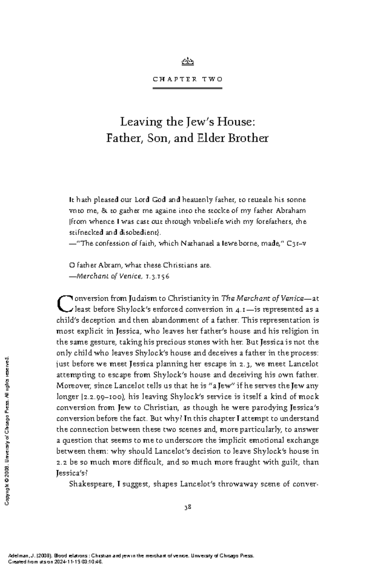 Blood Relations Christian and Jew in the Merchant ... - (2 Leaving the ...