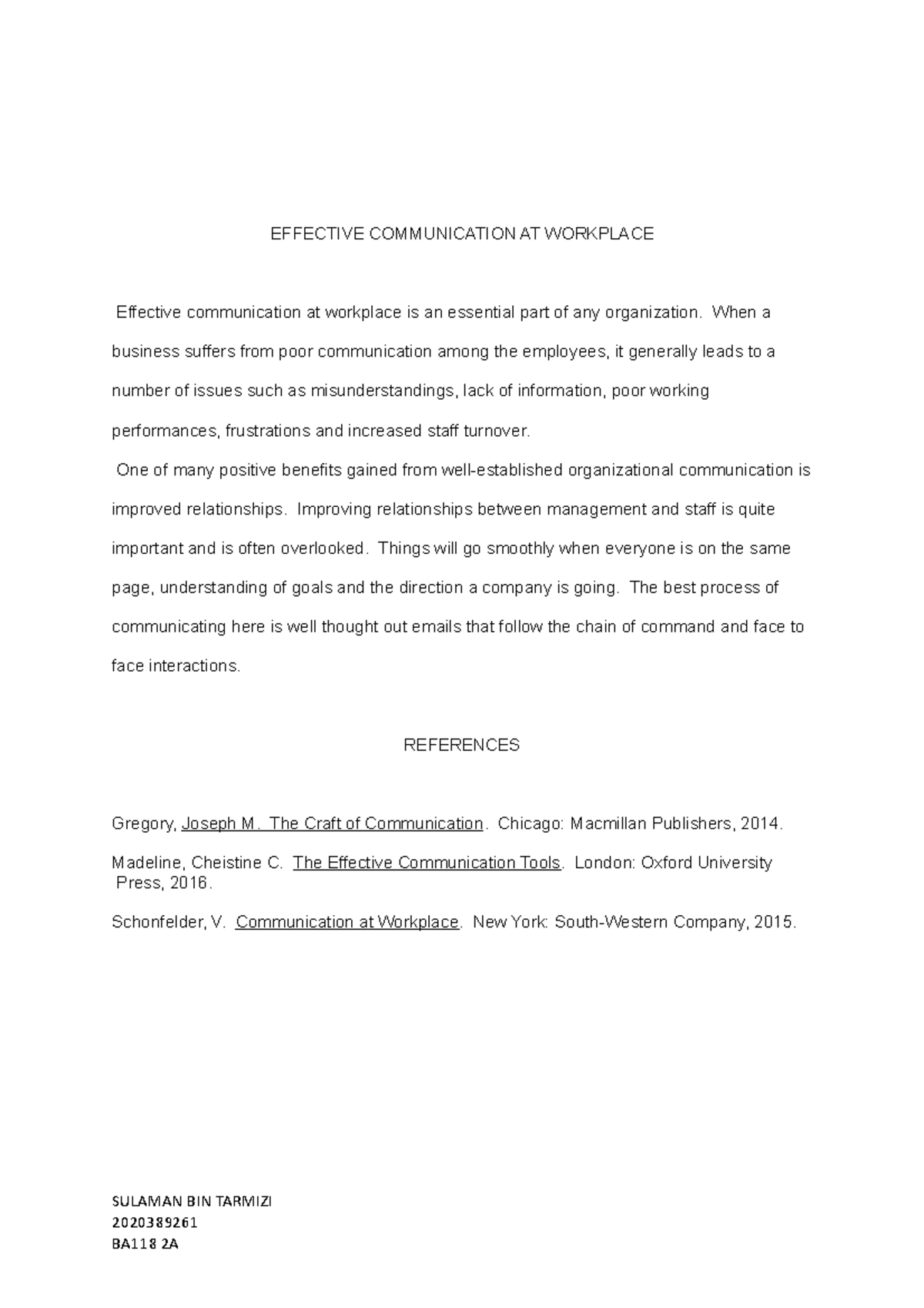 Effective Communication AT Workplace - EFFECTIVE COMMUNICATION AT ...