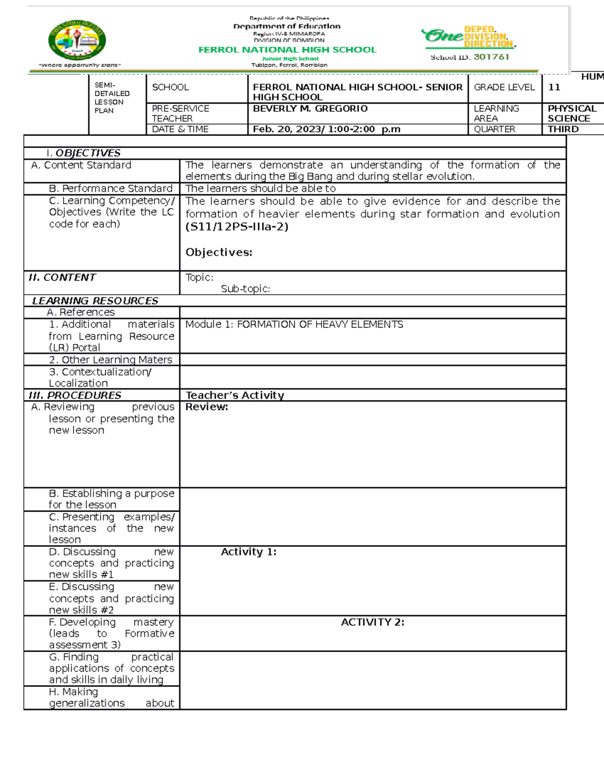 SEMI-Detailed Humss-11 - Day 1 - SEMI- DETAILED LESSON PLAN SCHOOL ...