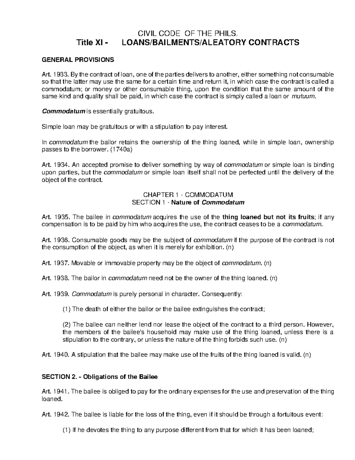 Title XI - LOAN Contracts ( Codal) - CIVIL CODE OF THE PHILS. Title XI ...