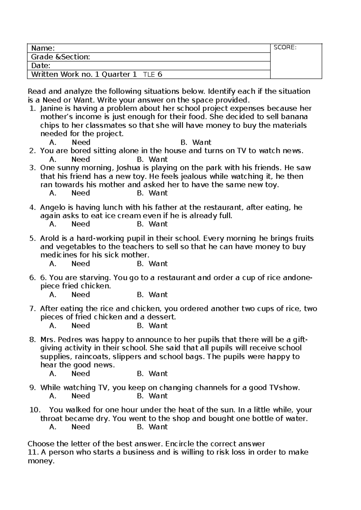 TLE Weekly TEST - Name: SCORE: Grade &Section: Date: Written Work no. 1 ...
