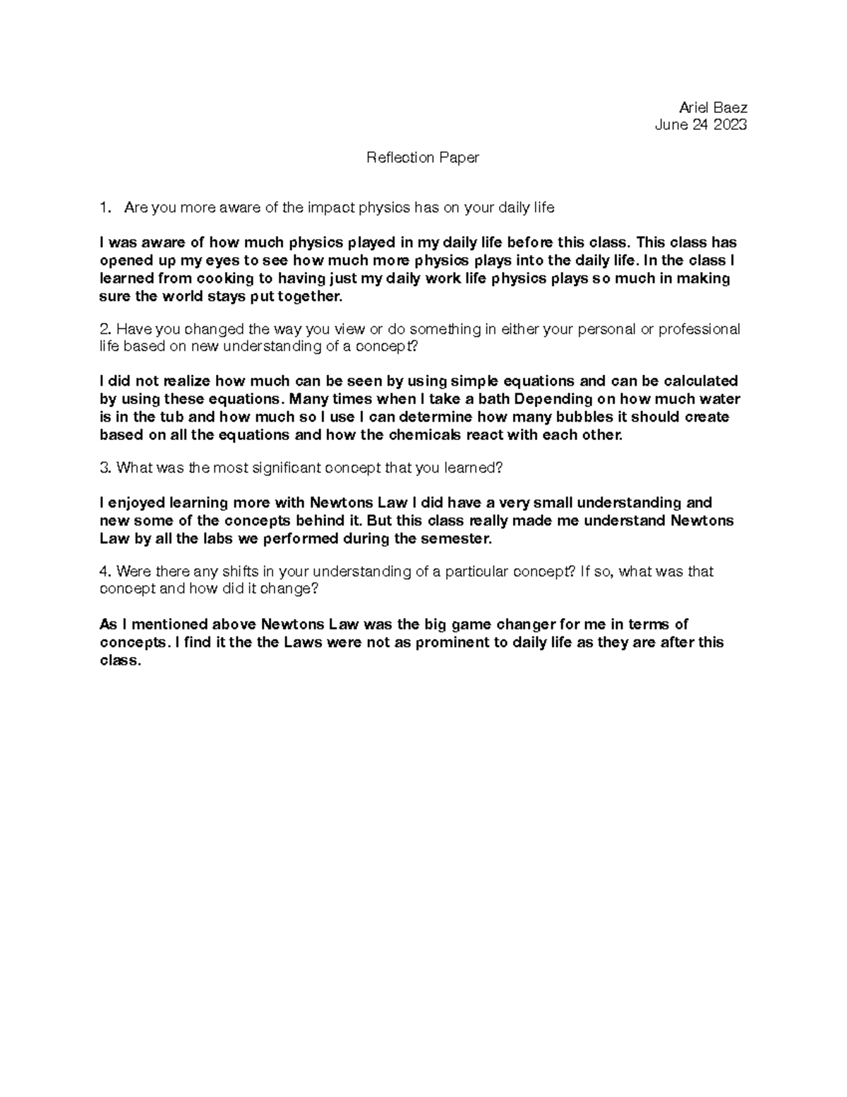 Reflection - Last Assignment - PHY 150 - SNHU - Studocu