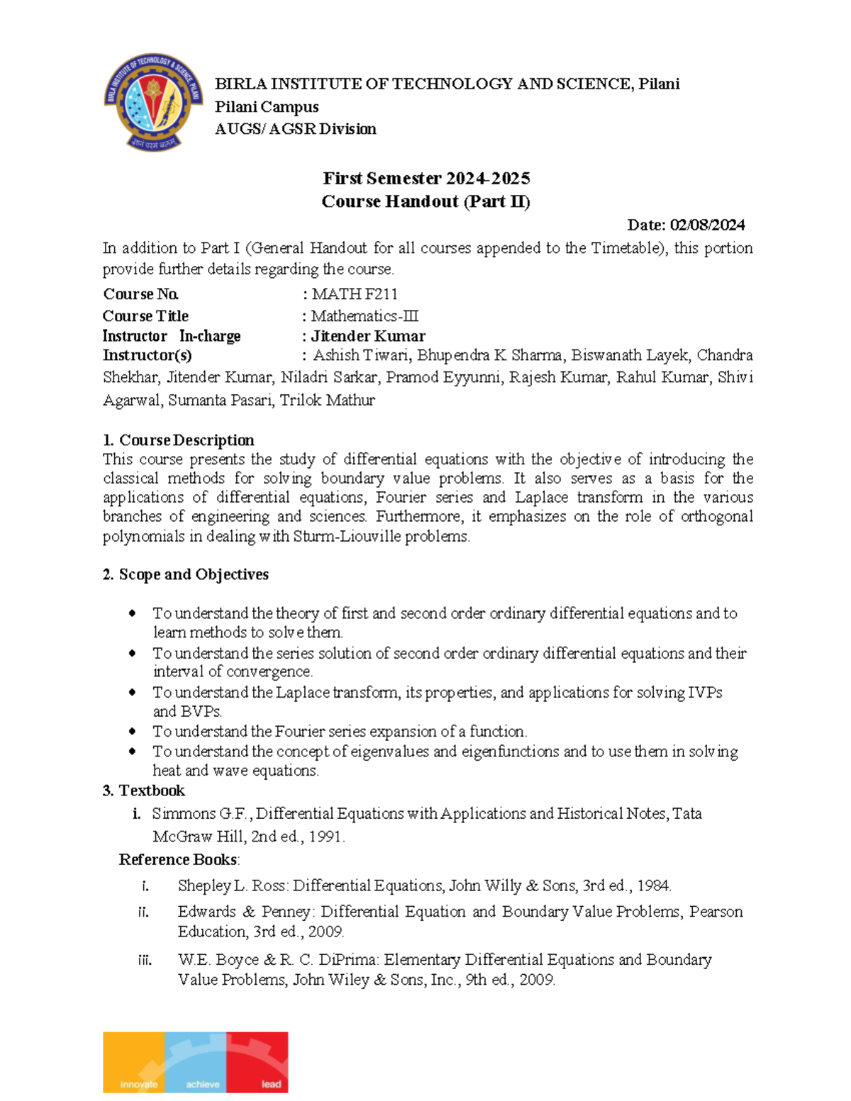 MATH F211 handout - Pilani Campus AUGS/ AGSR Division First Semester 2024 - 2025 Course Handout ...