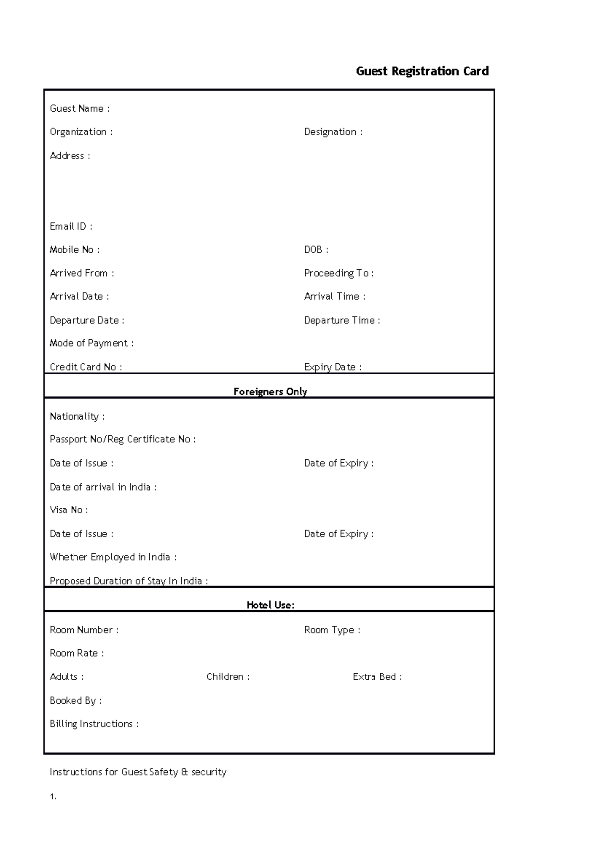 Registration Card Sample 4 - Guest Registration Card Guest Name ...