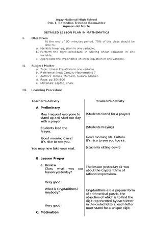 Grade 7 LP lesson 6 - Enjoy - COLLEGE OF TEACHER EDUCATION TE DETAILED ...