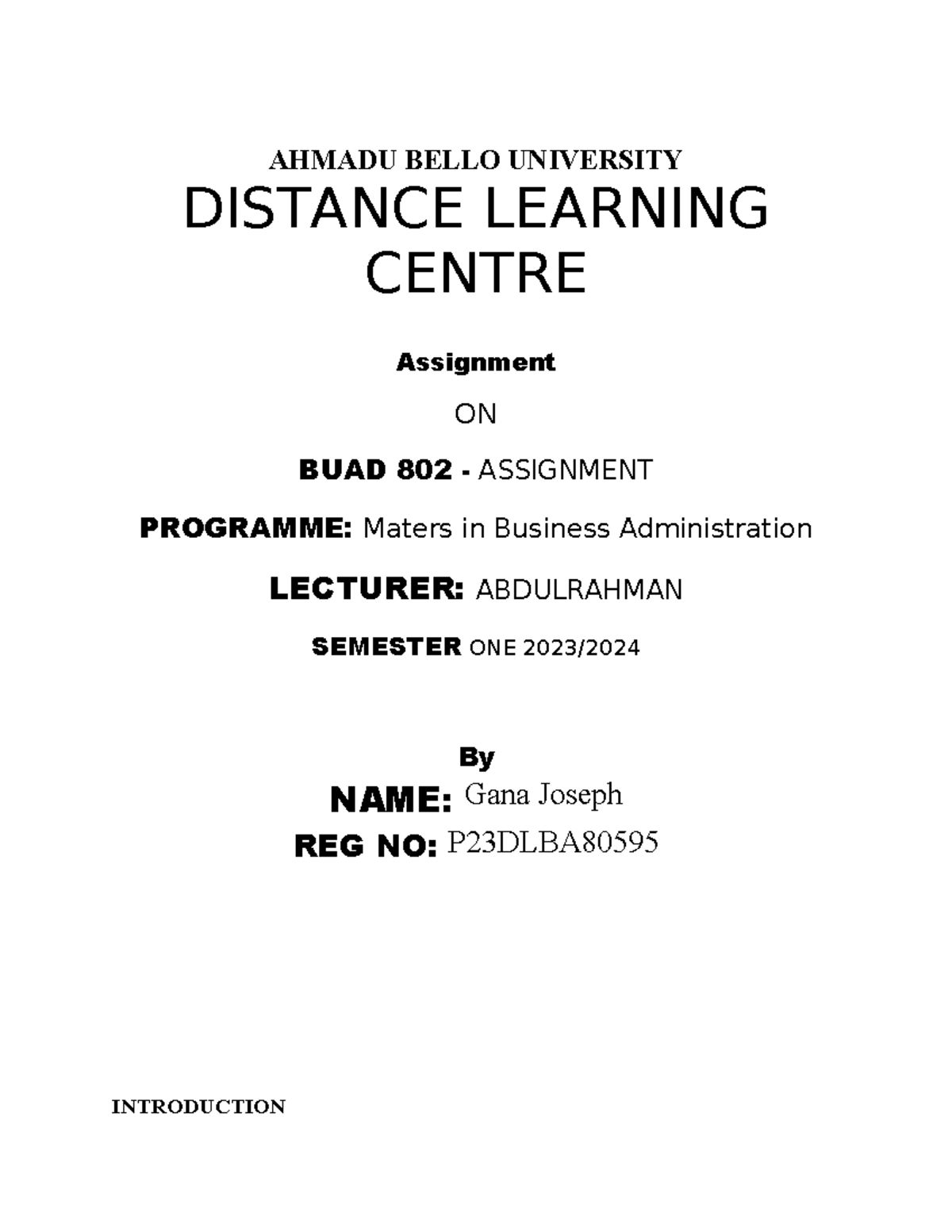 BUAD 802 - AN ASSIGNMENT - AHMADU BELLO UNIVERSITY DISTANCE LEARNING ...