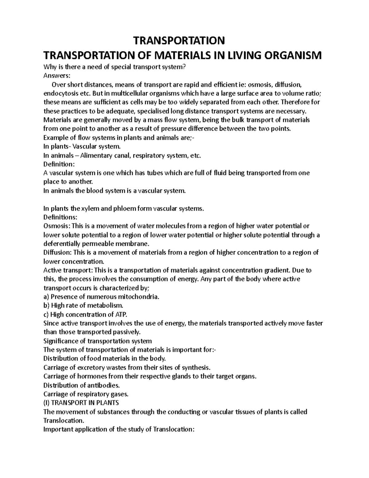 Biology form 6-1 - summary - TRANSPORTATION TRANSPORTATION OF MATERIALS ...