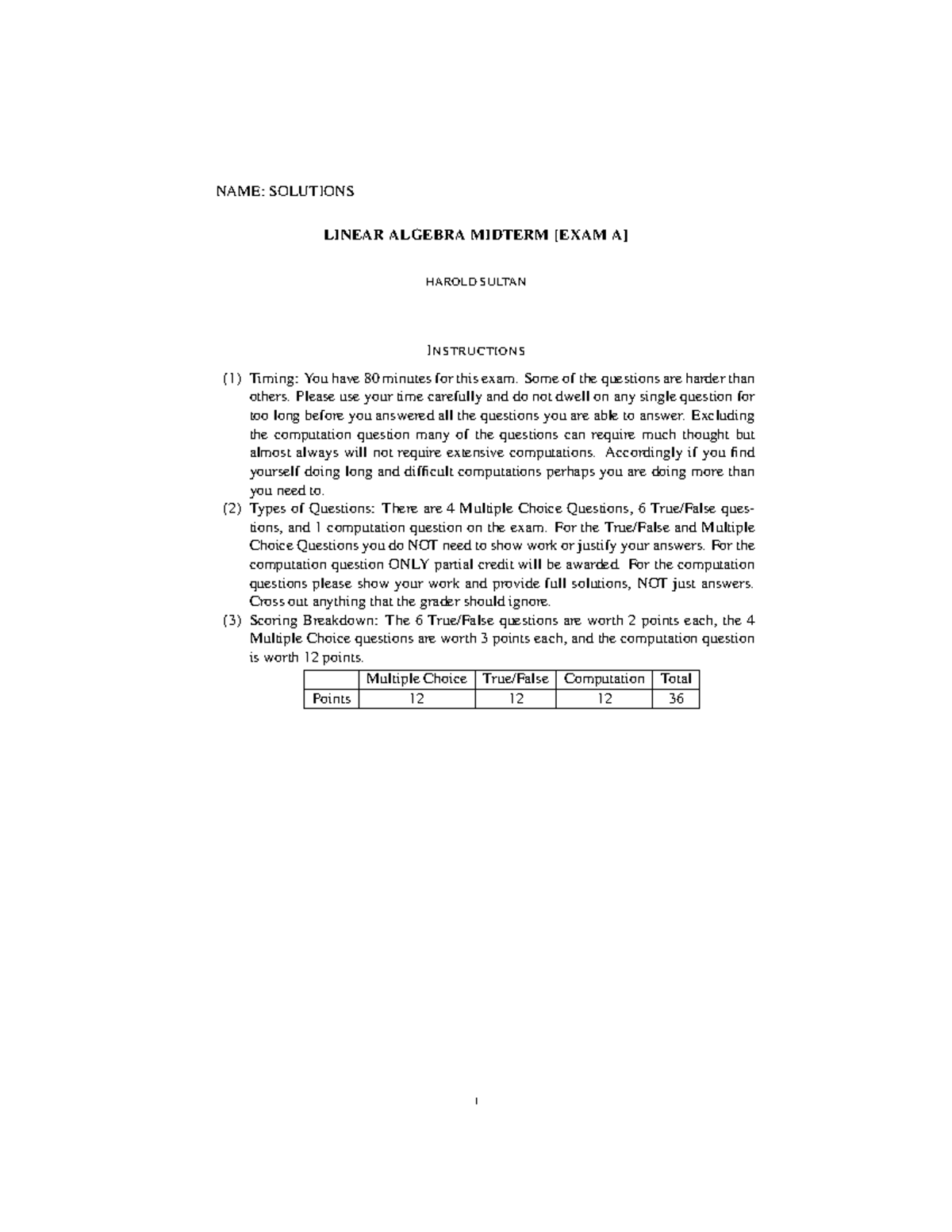 Linear algebra midterm exam a brandeis university - NAME: SOLUTIONS LINEAR ALGEBRA MIDTERM [EXAM ...