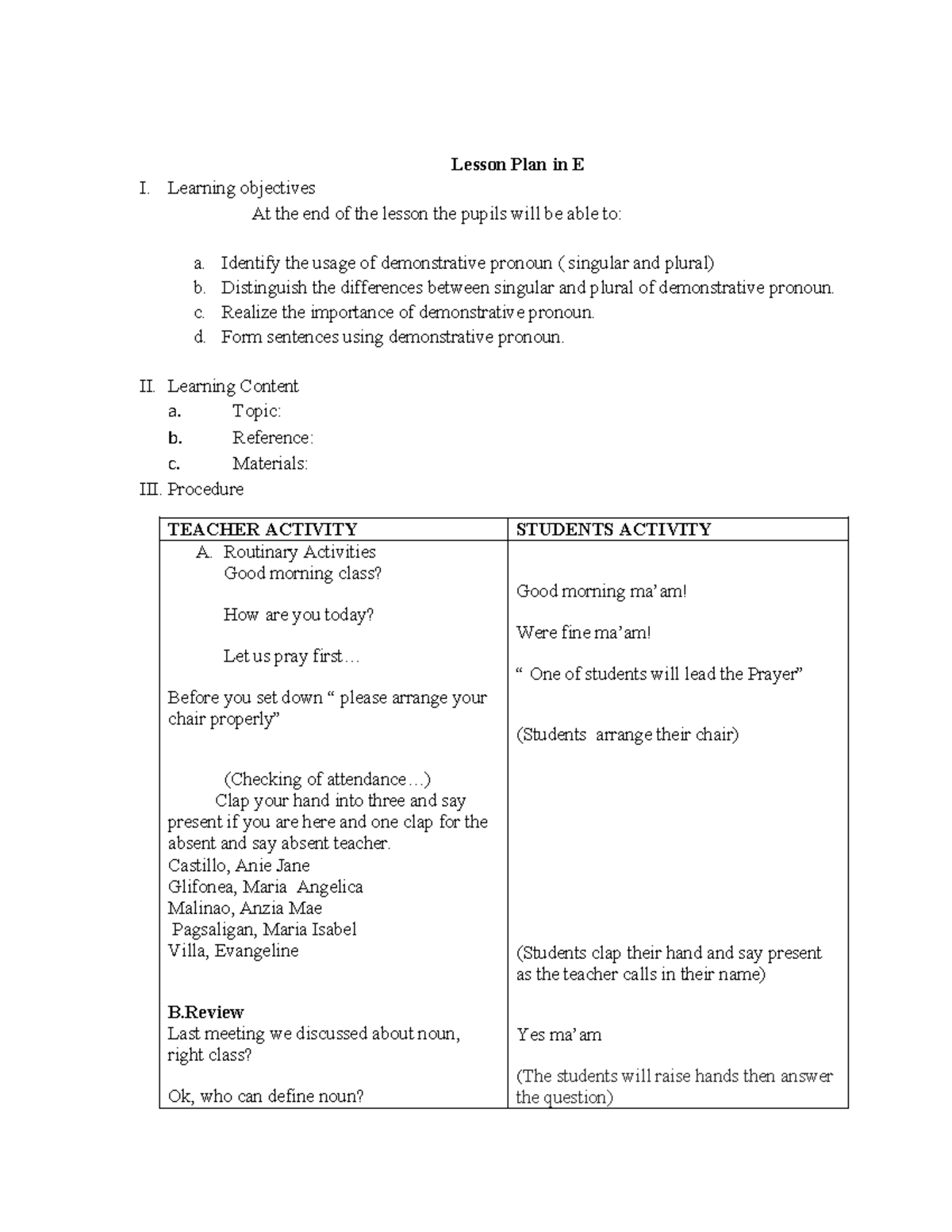 Demonstrative lesson plan - Lesson Plan in E I. Learning objectives At ...
