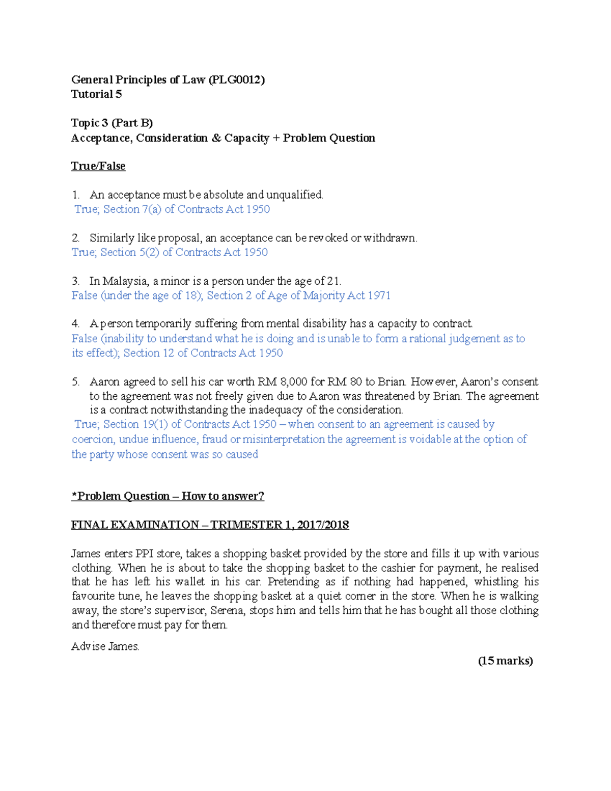 Tutorial Question - Topic 3 (PART B)- Ans - General Principles of Law (PLG0012) Tutorial 5 Topic ...