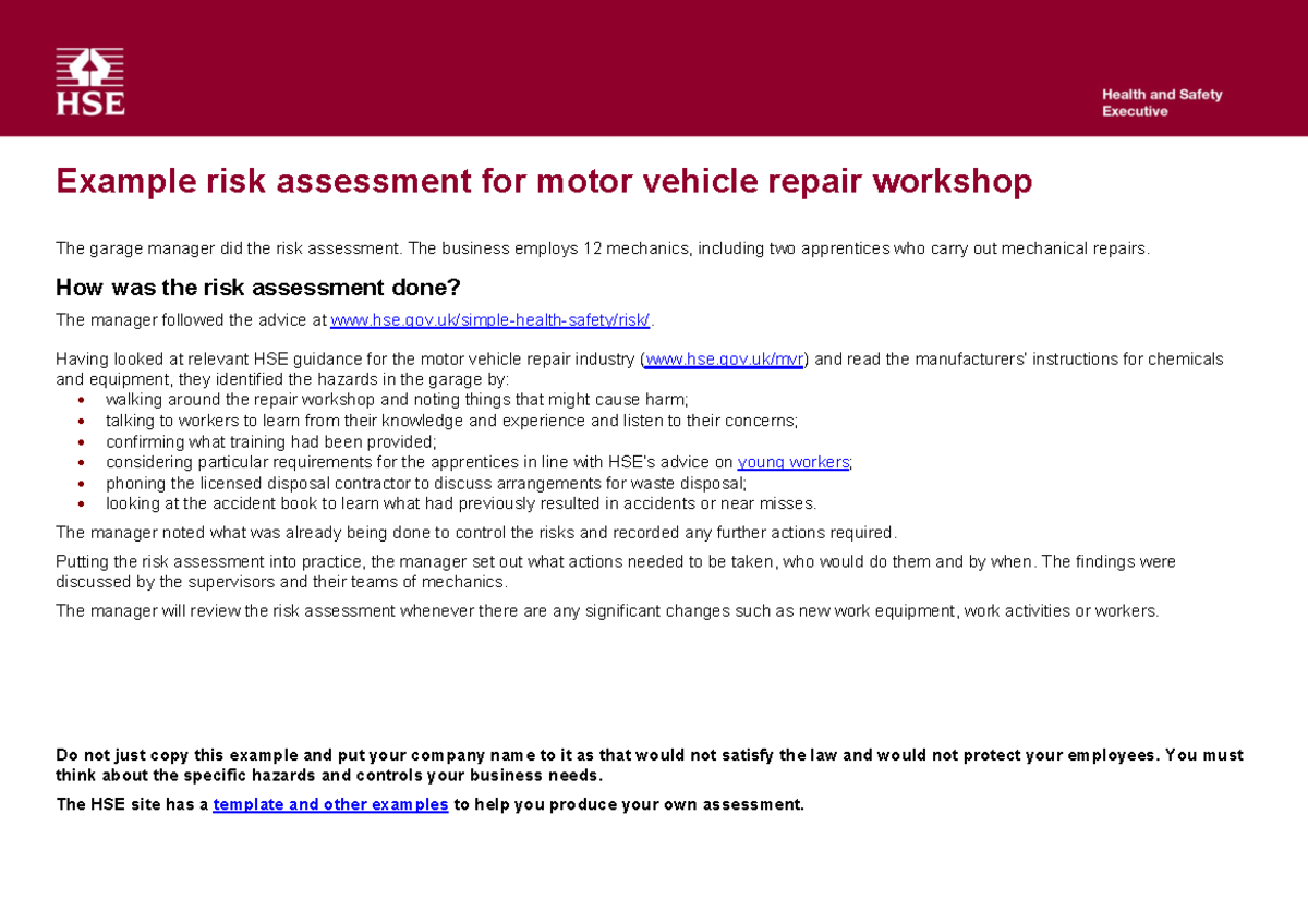 Motor Vehicle Repair Workshop - Example risk assessment for motor ...