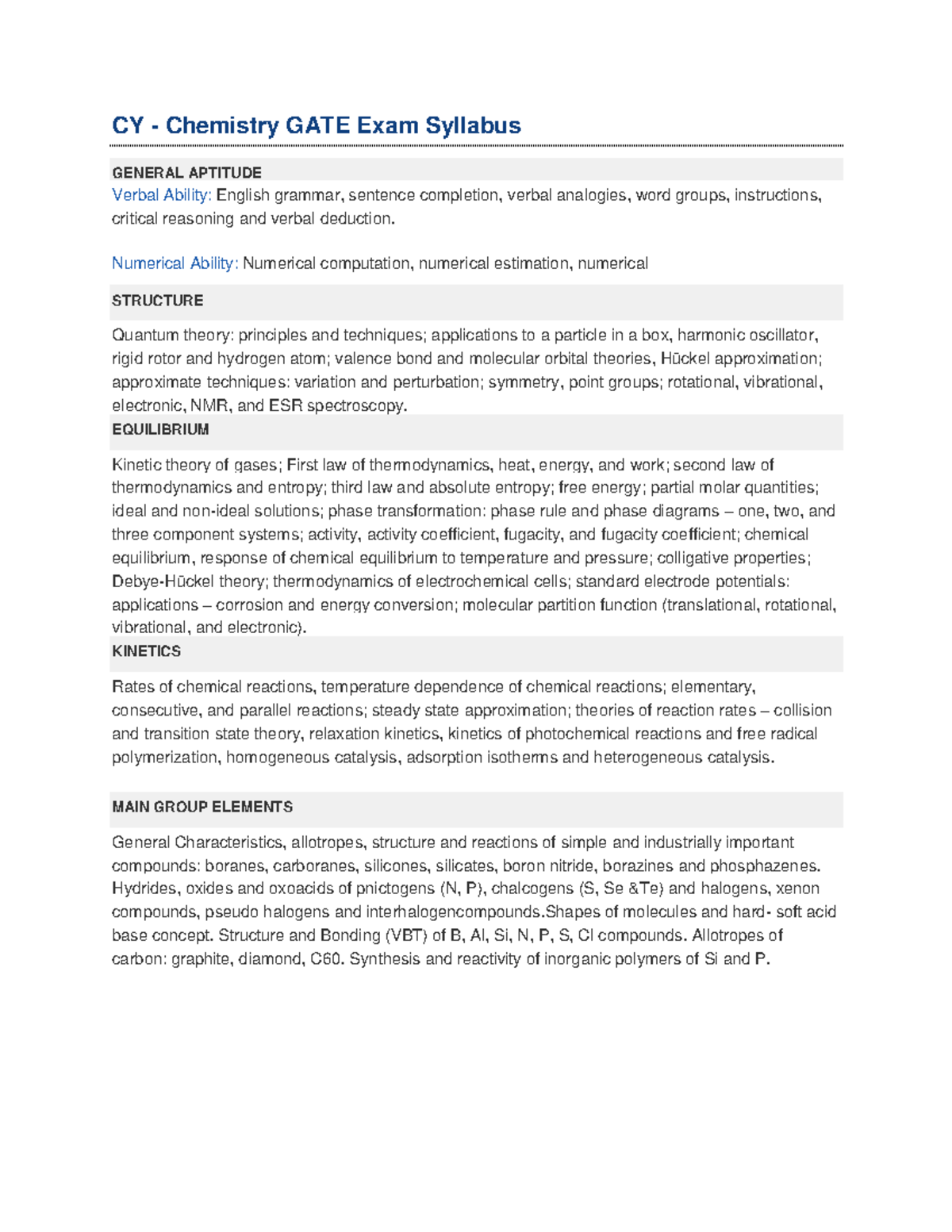 Gate Chemistry syllabus - CY - Chemistry GATE Exam Syllabus GENERAL ...