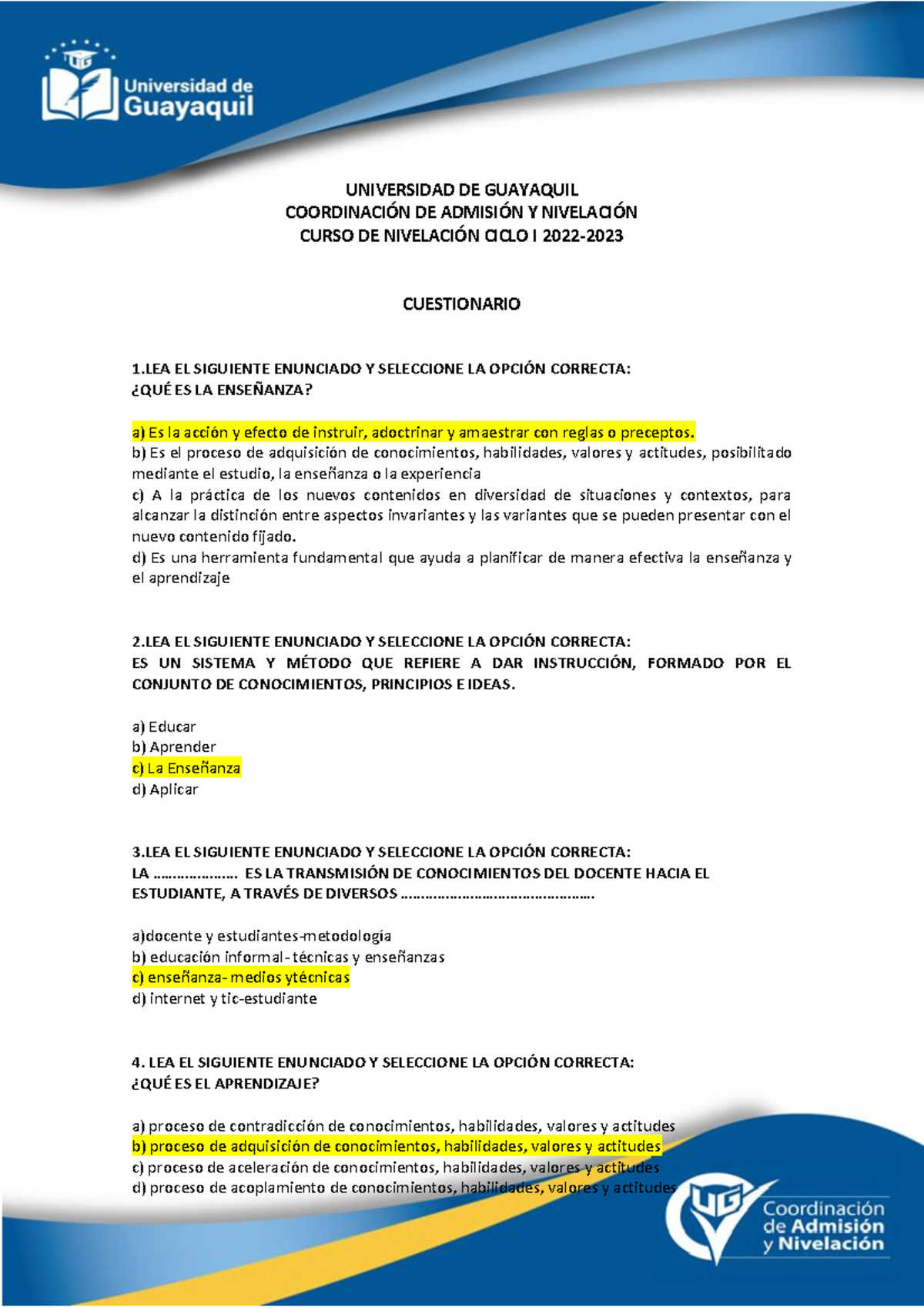 Cuestionario Pedagogia 220823 184432 - UNIVERSIDAD DE GUAYAQUIL COORDINACI”N DE ADMISI”N Y - Studocu