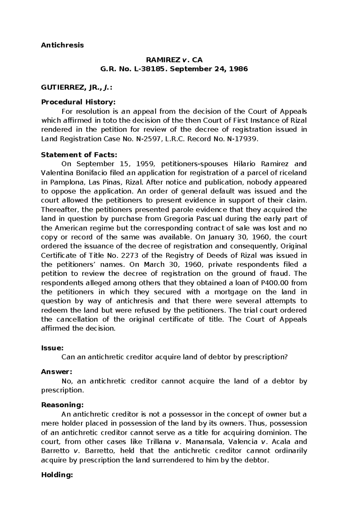 Case digest mortgage - Antichresis RAMIREZ v. CA G. No. L-38185. September 24, 1986 GUTIERREZ ...