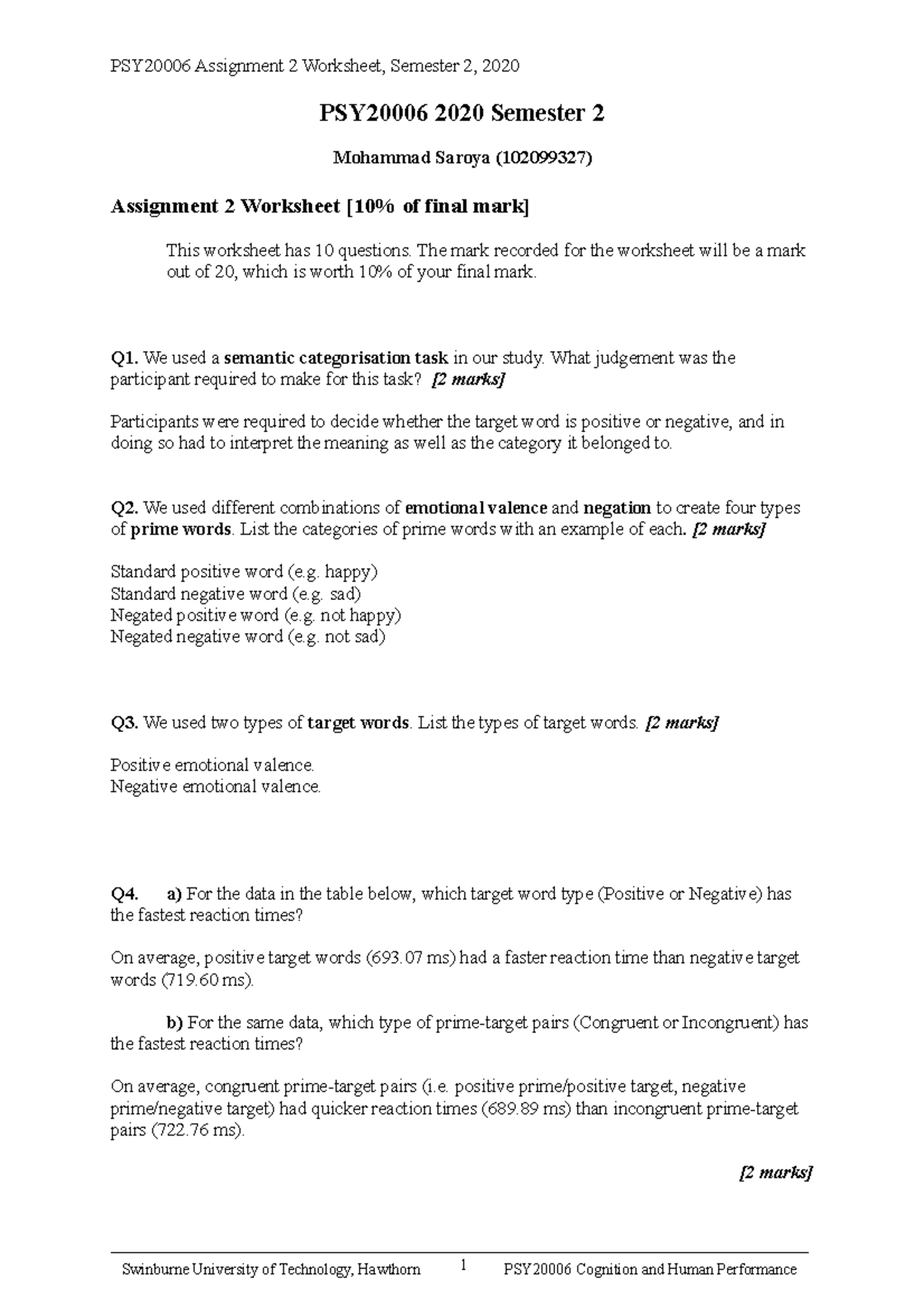 Assignment 2 Worksheet Semester 2 2020 - PSY20006 2020 Semester 2 ...