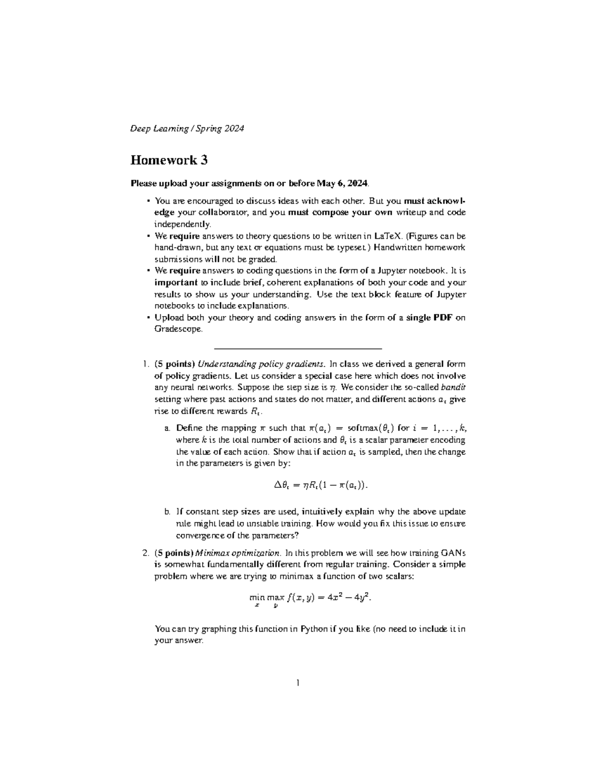 Hw3 s24 problems - Deep Learning / Spring 2024 Homework 3 Please upload your assignments on or ...