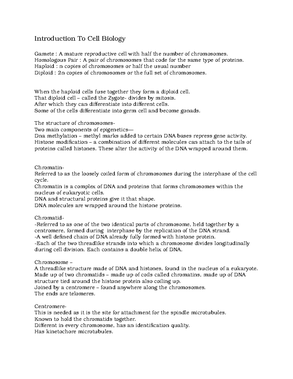 Intro to cell biology - lecture notes - Introduction To Cell Biology ...