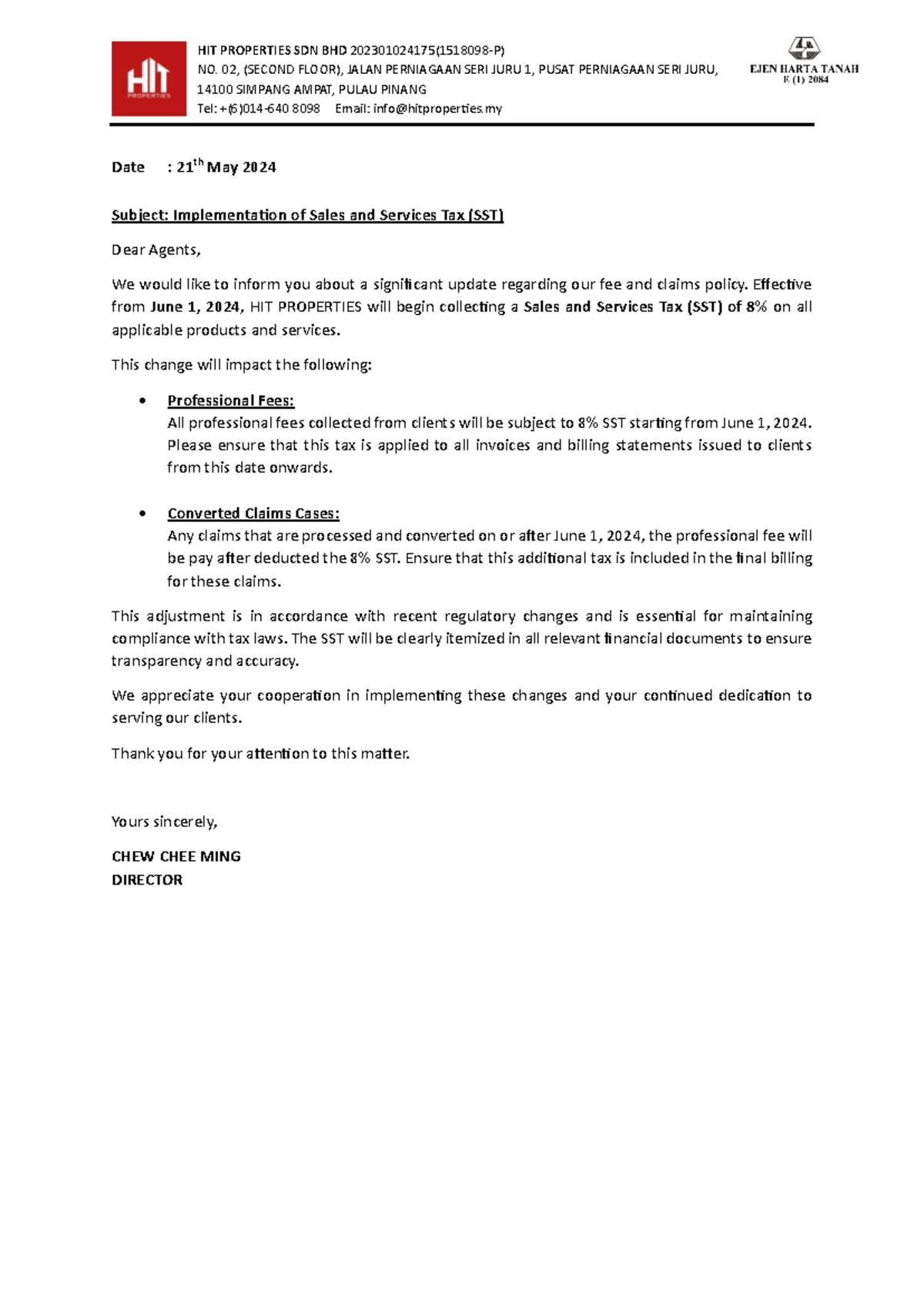 MEMO Implementation of Sales and Services Tax (SST) - HIT PROPERTIES ...